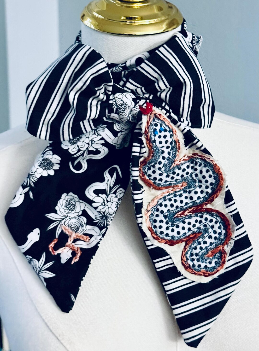 Handmade Snake Appliqué Skinny Scarf – Embroidered Floral Cotton Stripe ...