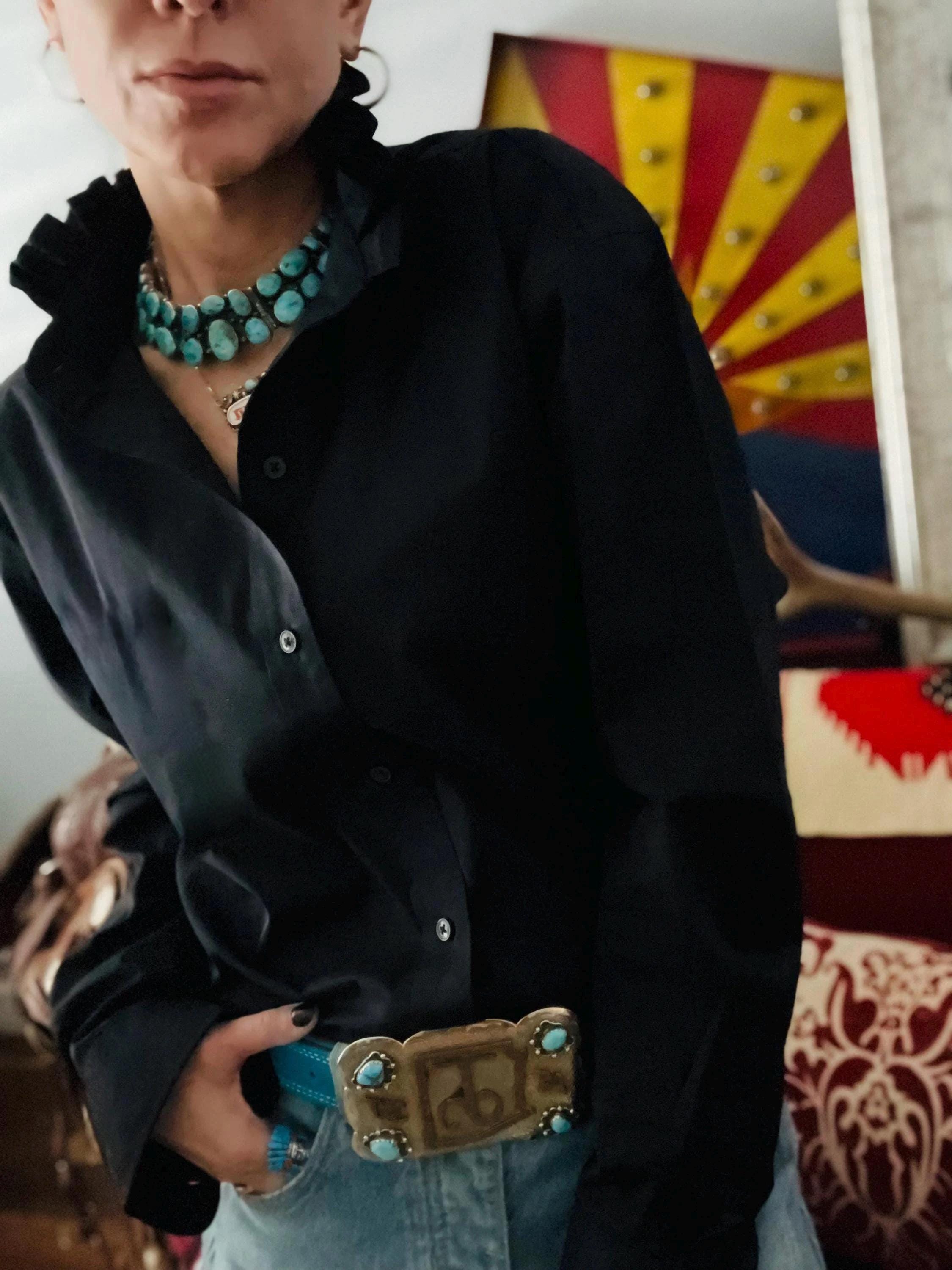 Essential Black Ruffle Collar Long Sleeve Blouse - Reworked Mens Top ...