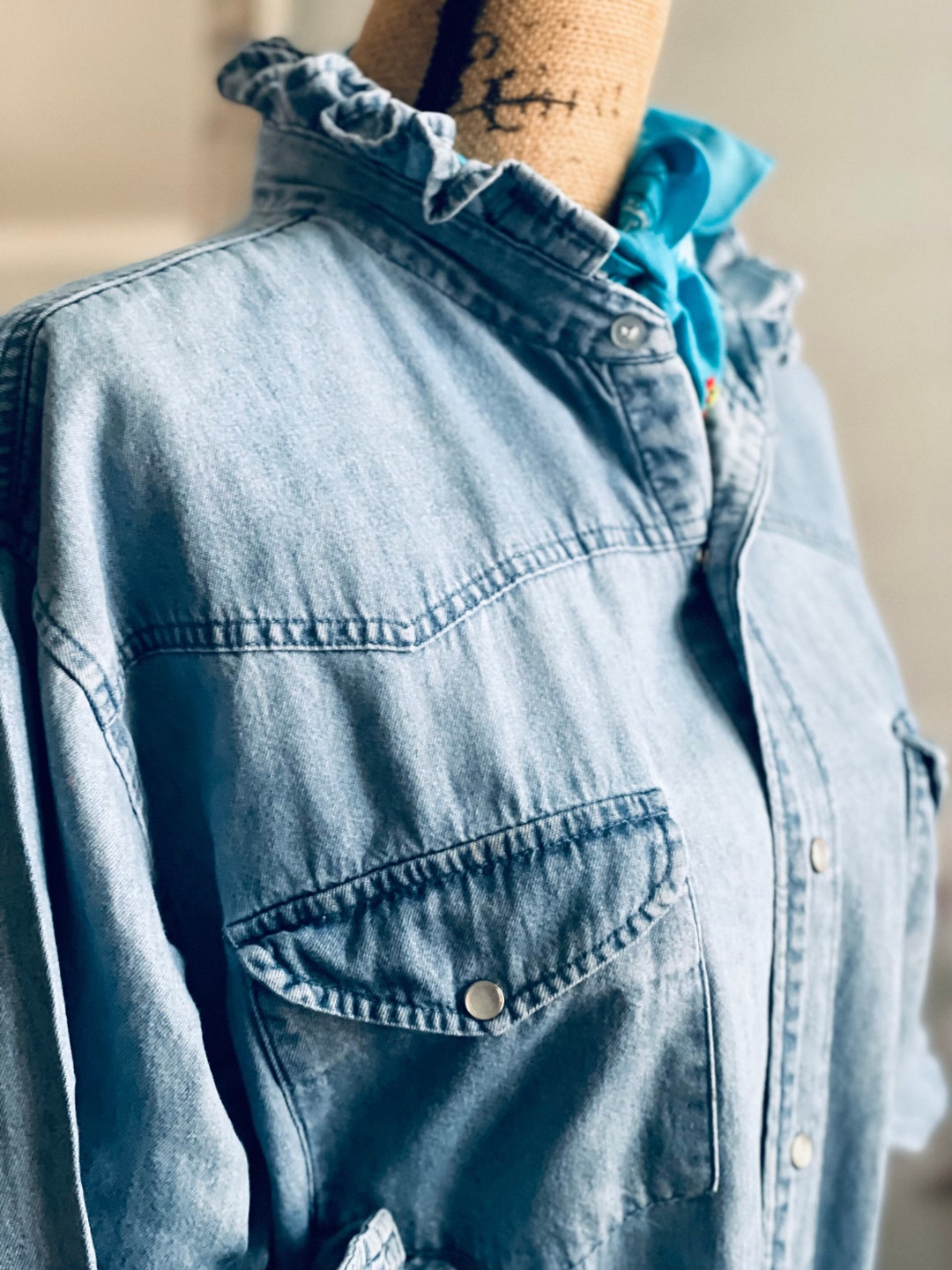 Blue Denim Reworked Mens Ruffle Collar Long Sleeve Western Top - Etsy