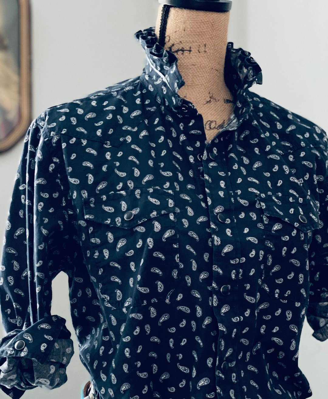 Western Long Sleeve Button Down Ruffle Collar Upcycled Shirt, Classic ...