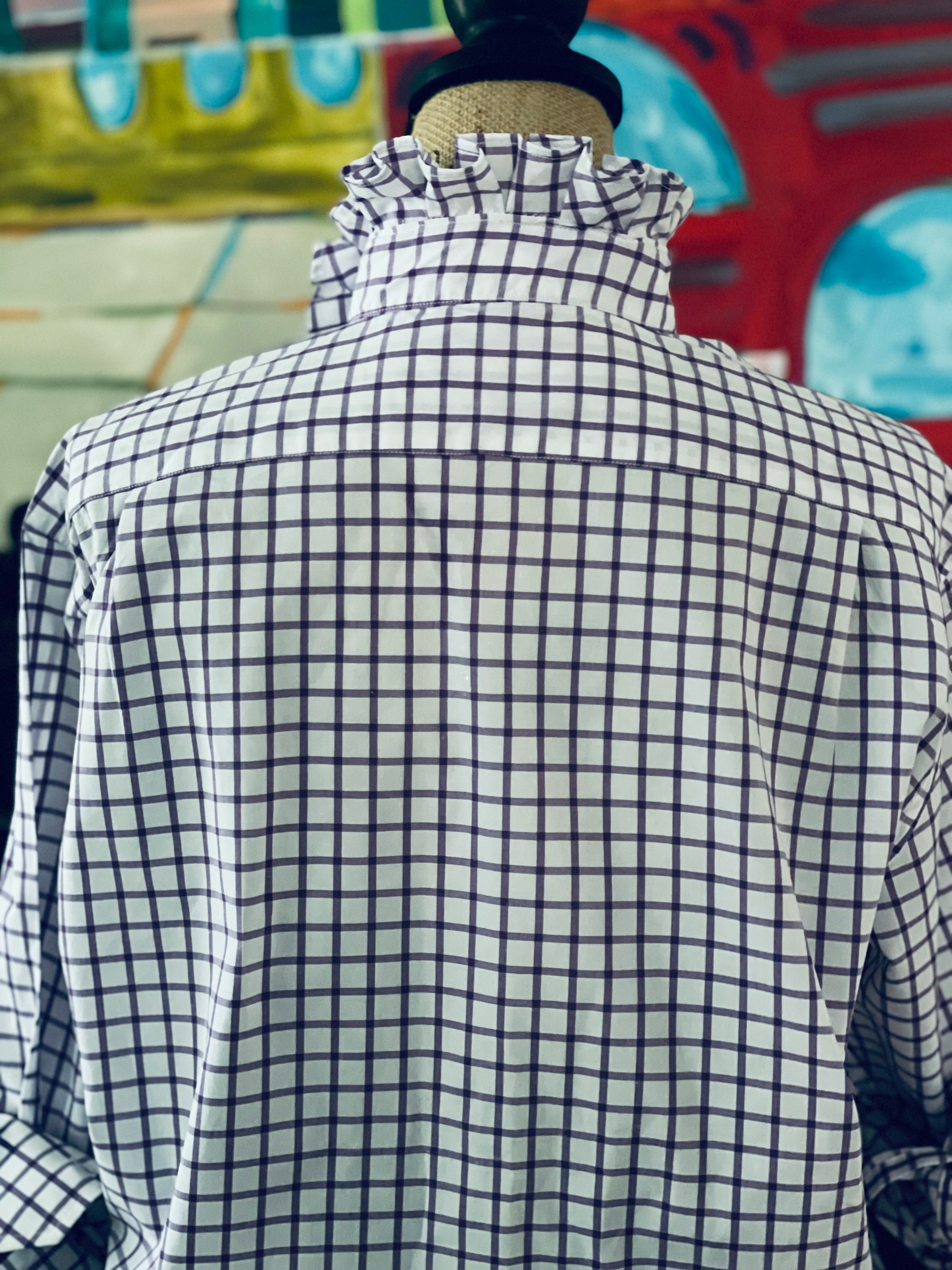 Mens Reworked Purple & White Checked Ruffle Collar Long Sleeve, Elegant ...