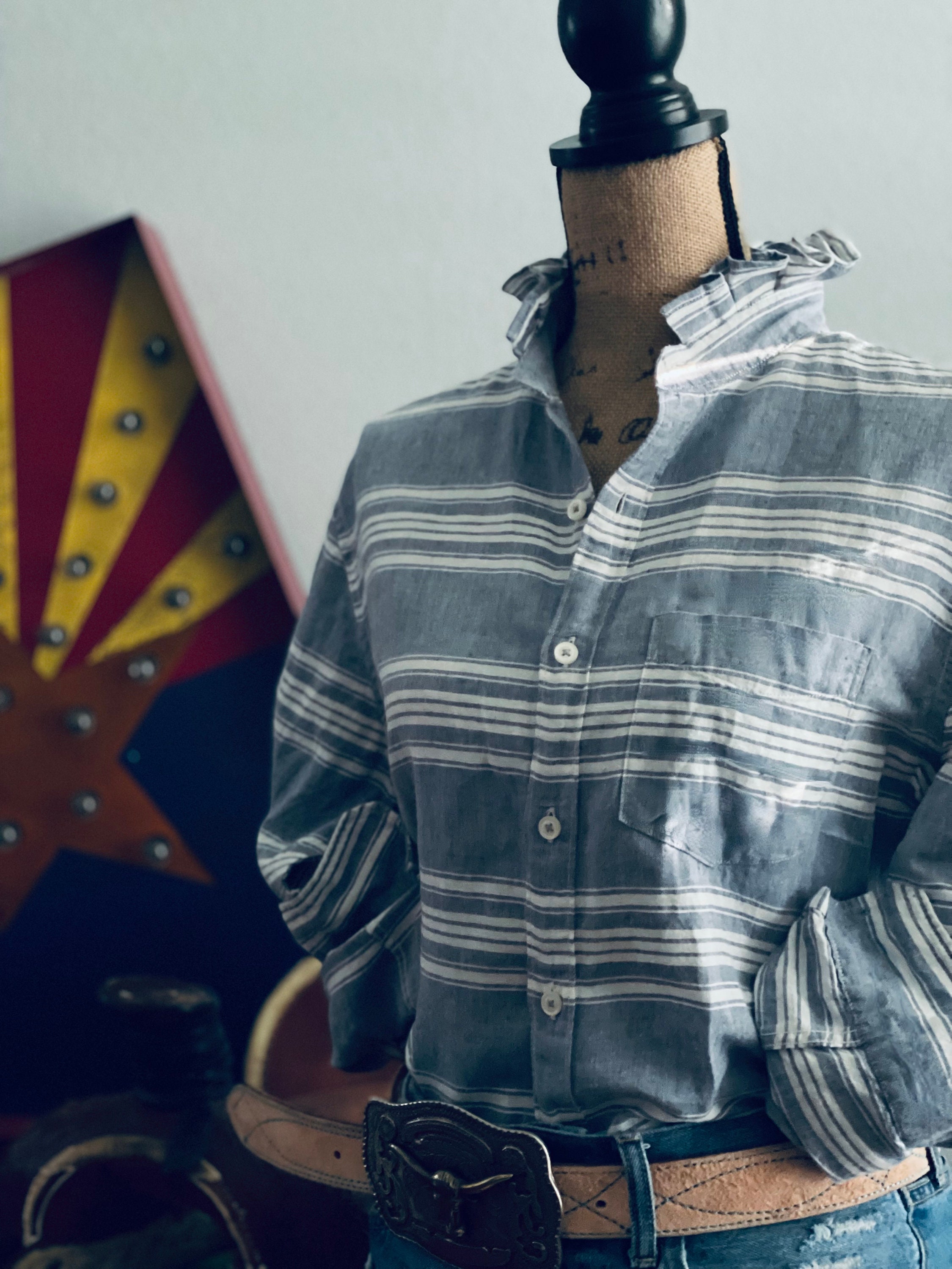 Super Cute Striped Linen Ruffle Collar Blouse, Upcycled Long Sleeve ...