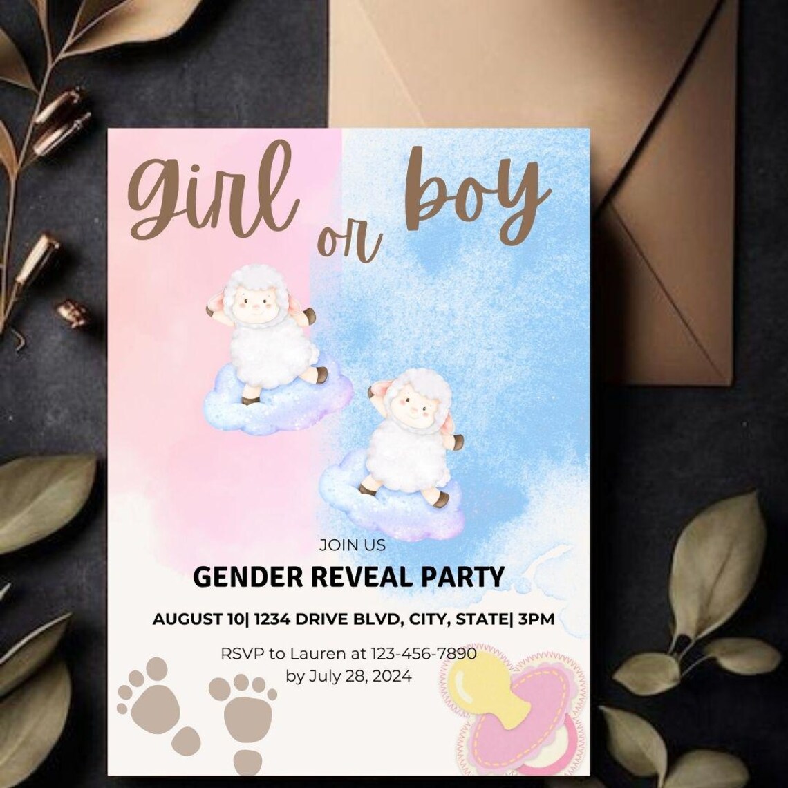 Gender Reveal Invitation Canva Template Sheep Gender Reveal Invite ...
