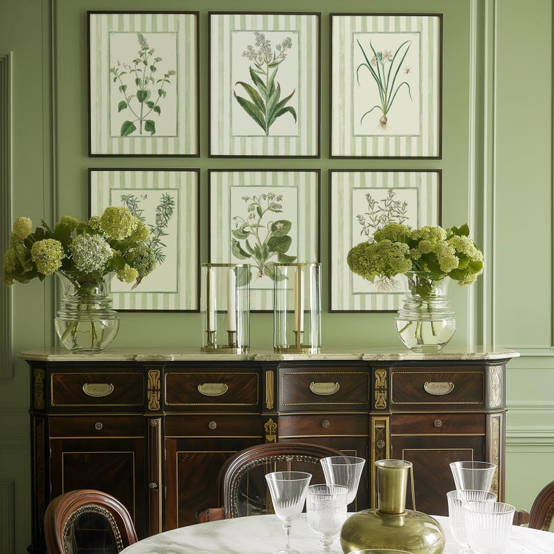 Botanical Art Prints, Grandmillennial Green Striped Background (digital ...