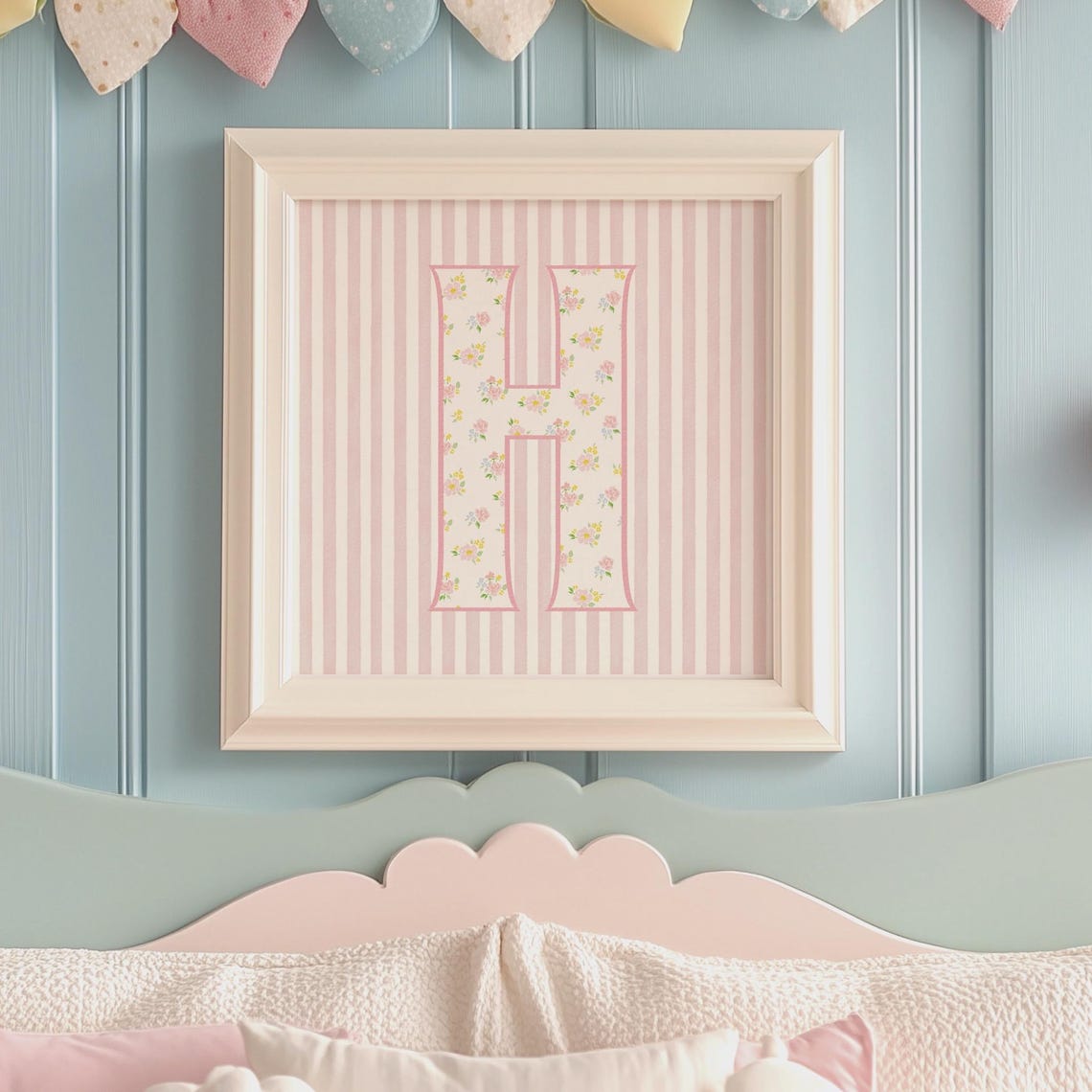 Floral Initial Art Print | Custom Letter H Nursery Wall Art | Digital ...