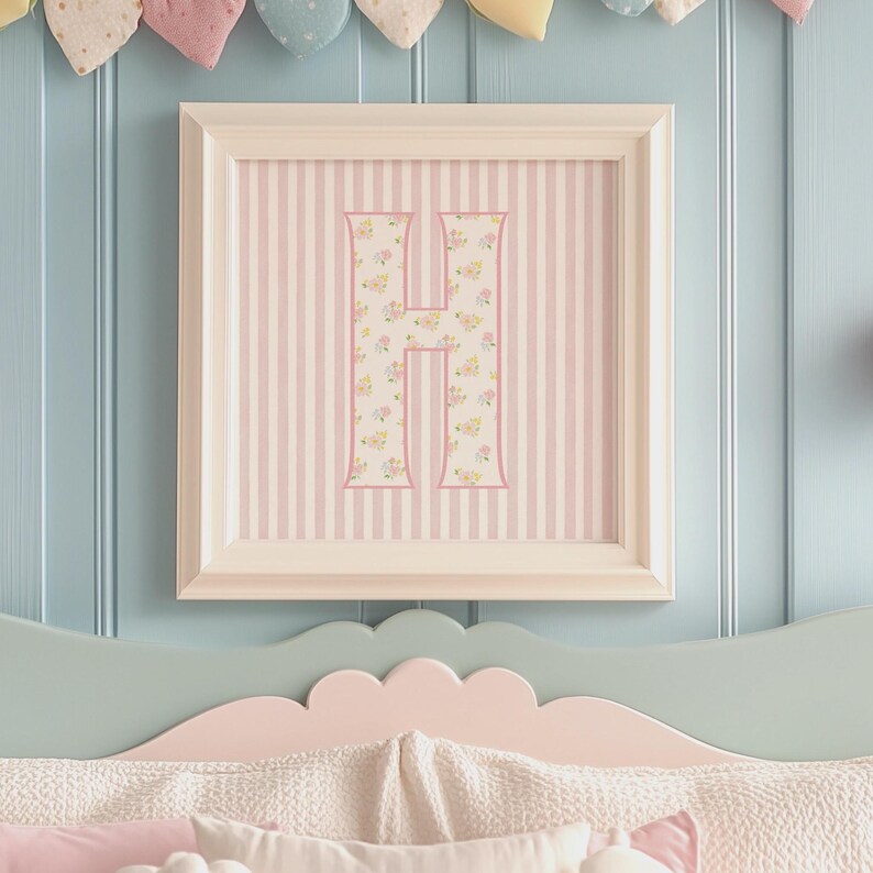 Floral Initial Art Print | Custom Letter H Nursery Wall Art | Digital ...