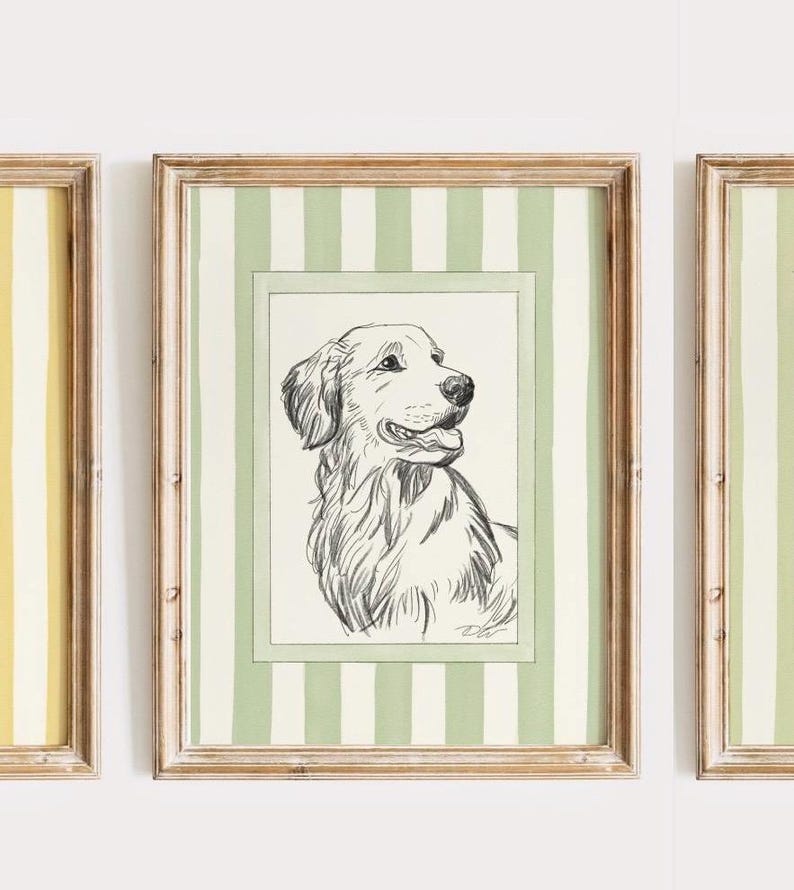 Golden Retriever Sketch Print, Green Striped Background (digital ...
