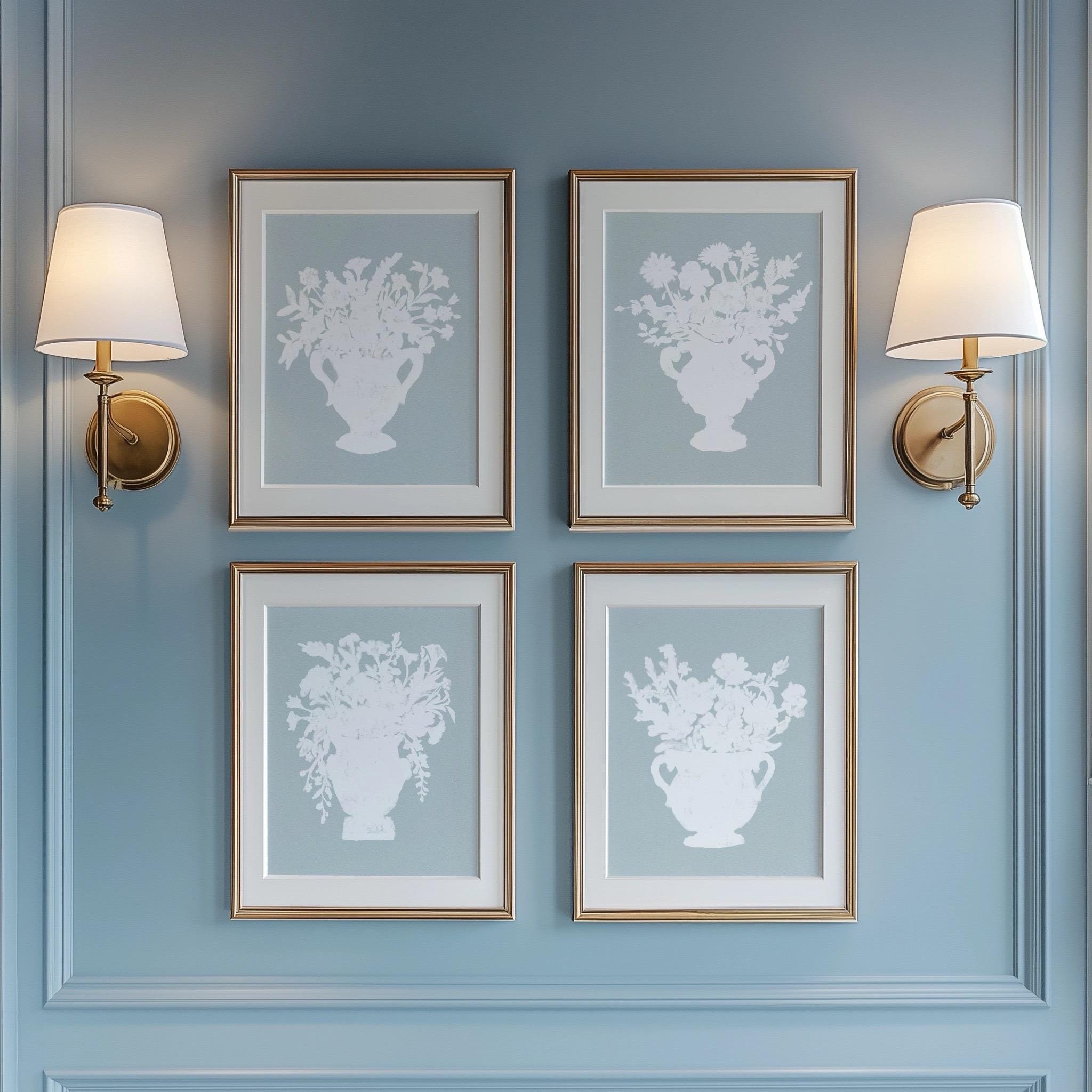 Blue Floral Art Print Set, Classic Silhouette Painting (digital ...