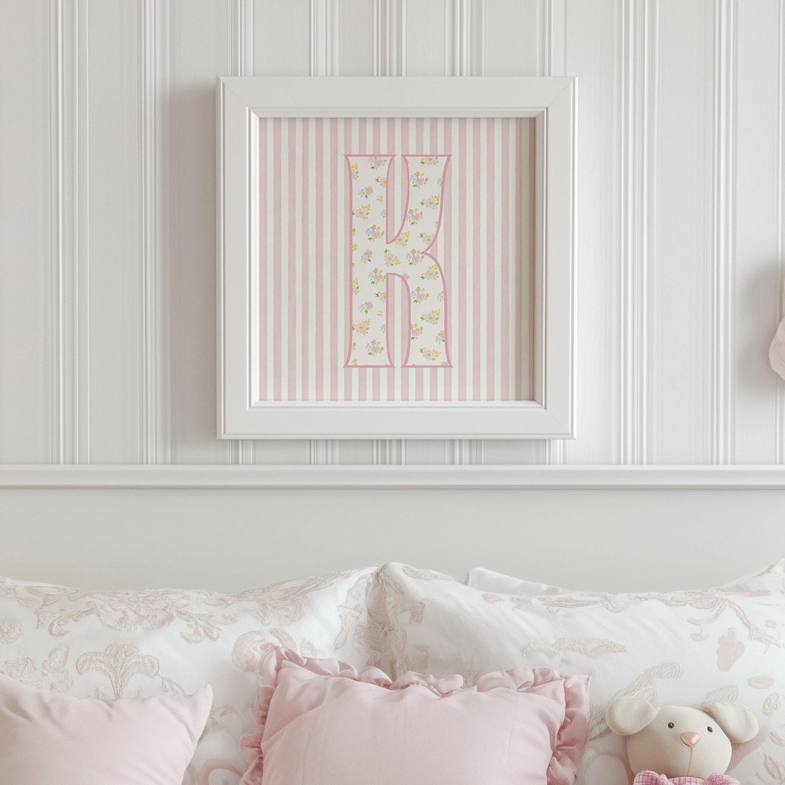 Floral Initial Art Print | Custom Letter K Nursery Wall Art | Digital ...