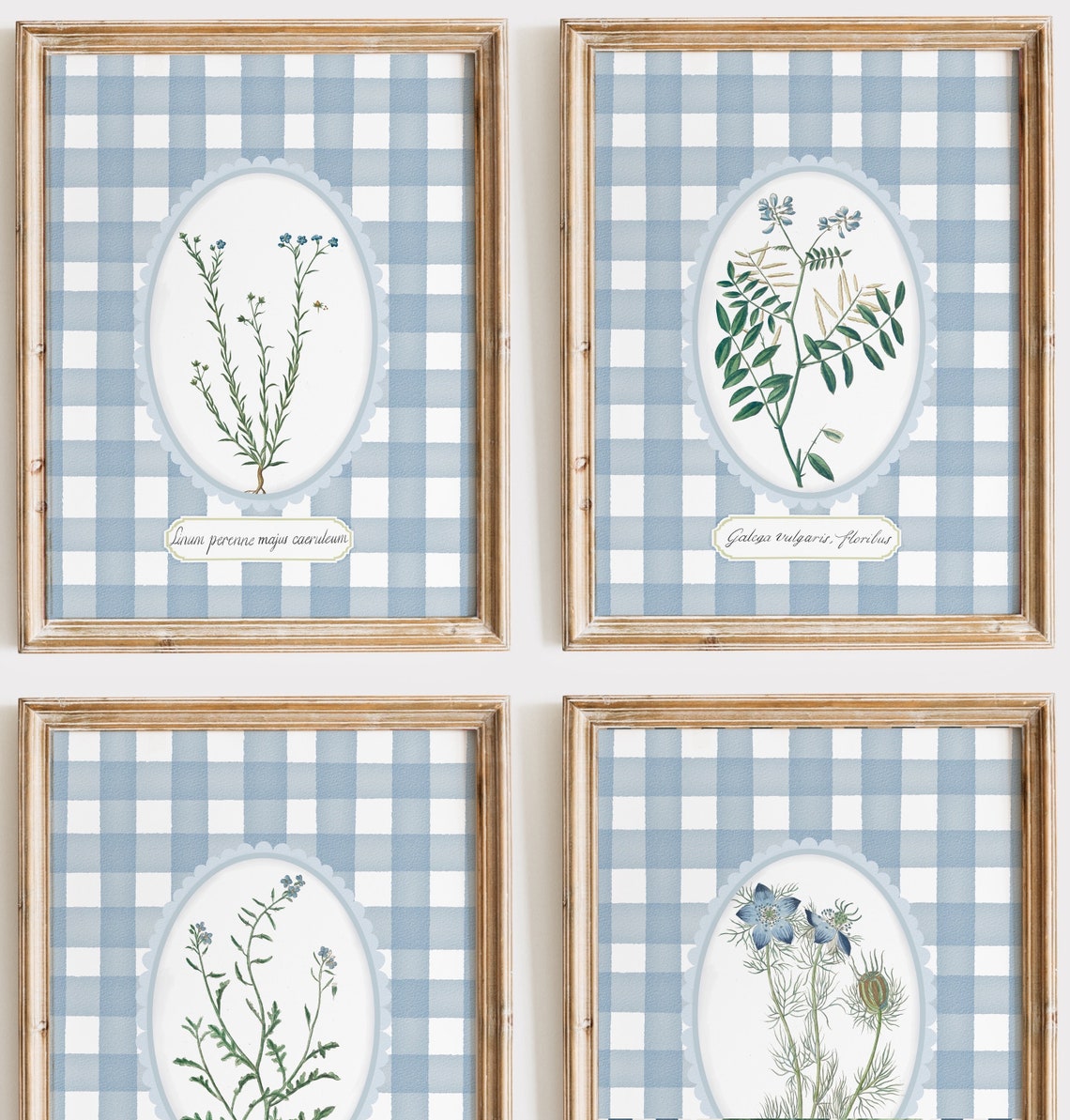 Gingham Floral Botanical Prints, Antique Style Cottage Art (digital ...