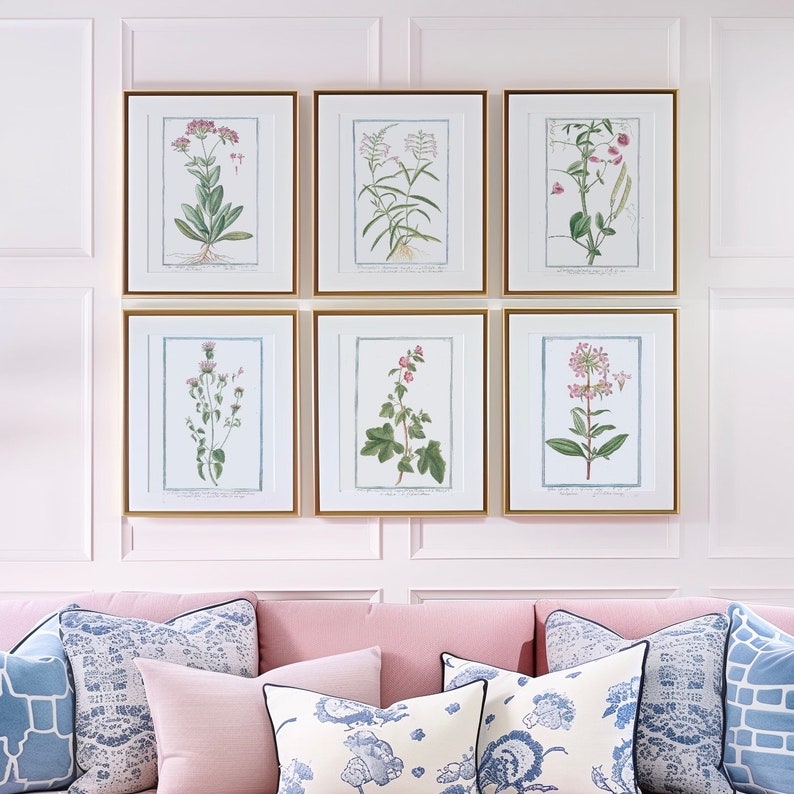 Vintage Botanical Prints Set, Pink Cottagecore Wall Art (digital ...