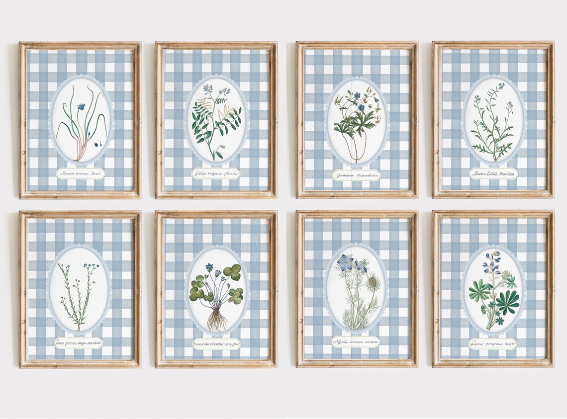 Gingham Floral Botanical Prints, Antique Style Cottage Art (digital ...