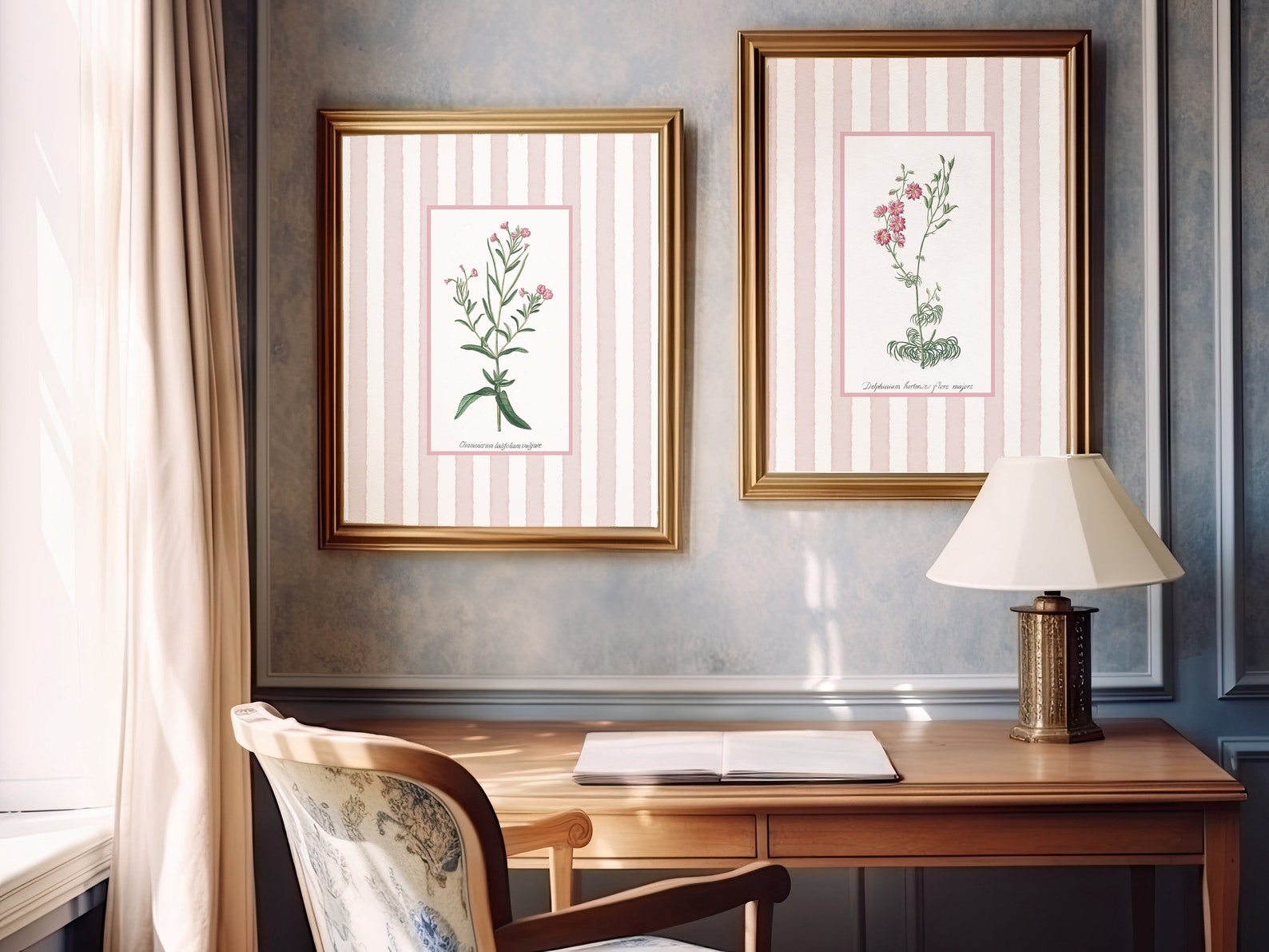 Pink Striped Floral Botanical Art Prints, Set of 6 (digital Download ...