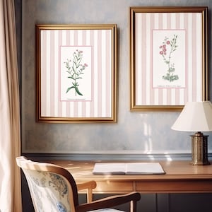 Pink Striped Floral Botanical Art Prints, Set of 6 (digital Download ...