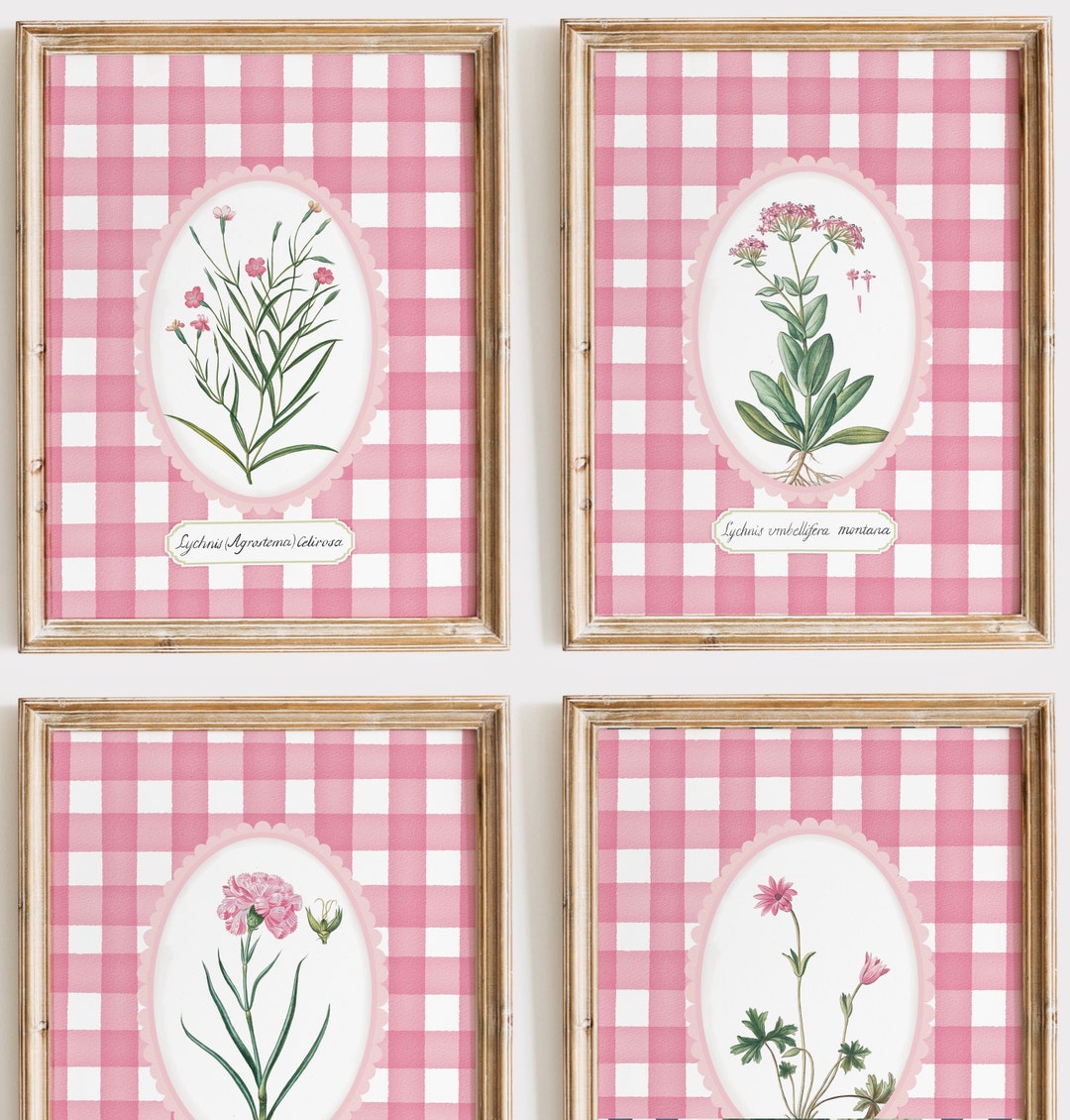 Pink Gingham Floral Botanical Prints, Cottagecore Coquette Decor ...
