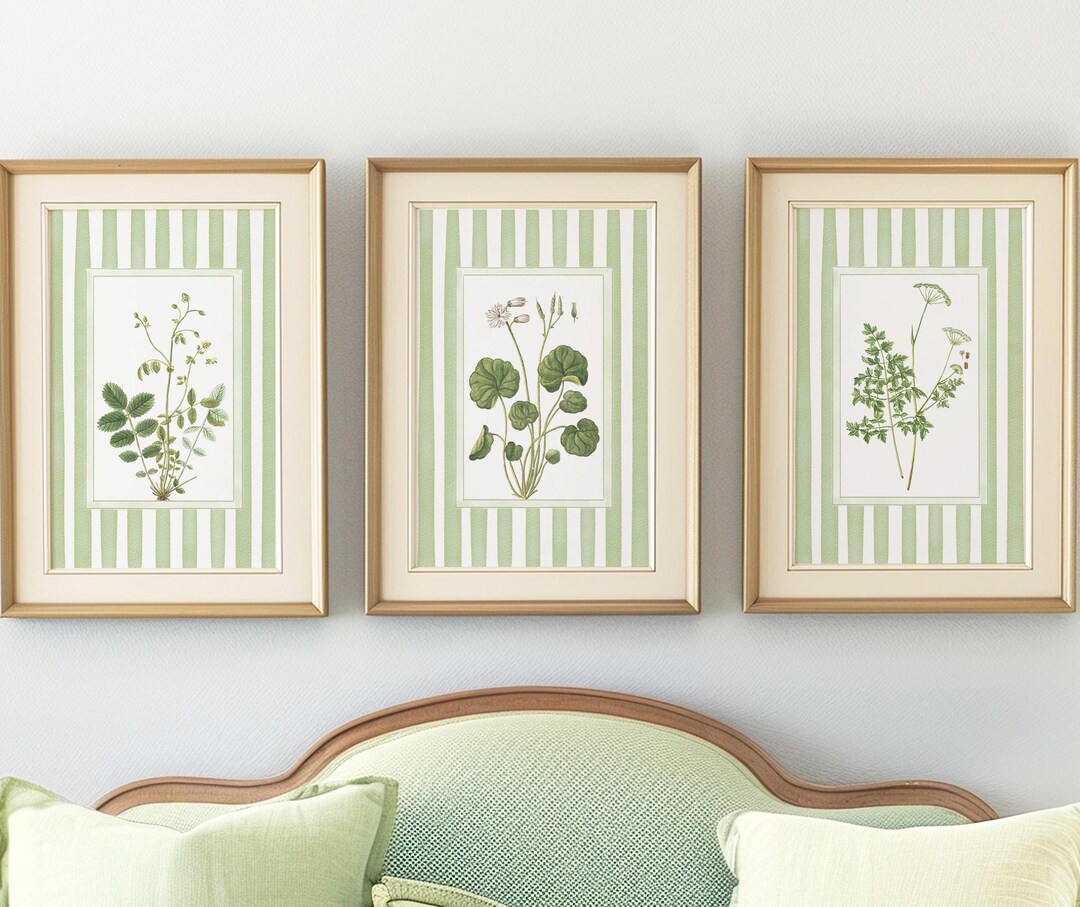 Green Striped Botanical Art Prints, Cottage Style (digital Download) - Etsy