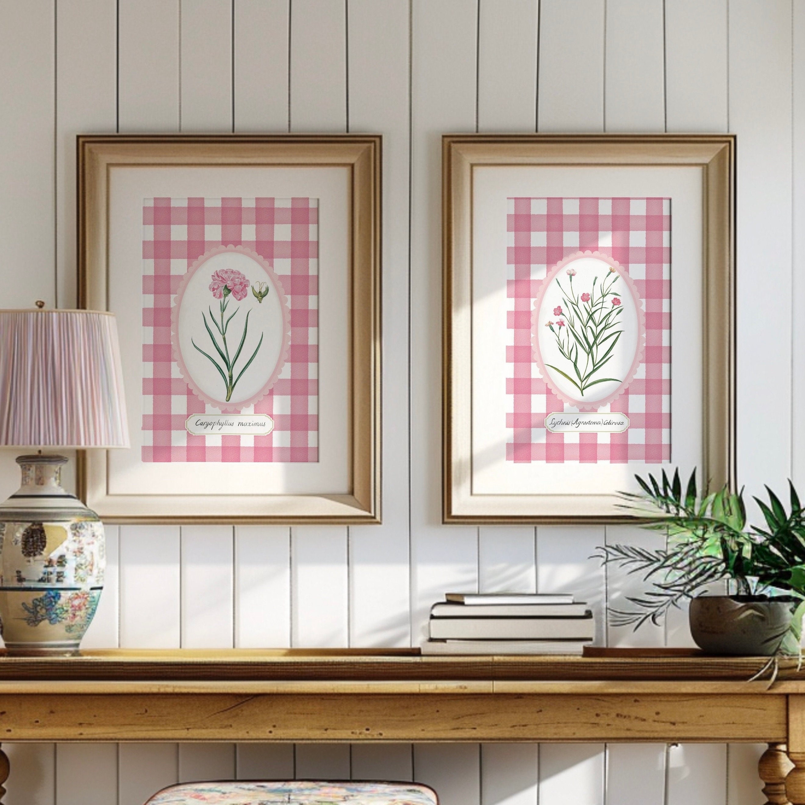 Pink Gingham Floral Botanical Prints, Cottagecore Coquette Decor ...
