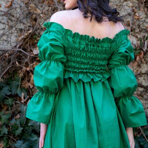 Emerald Green Organic Cotton Cottage Core Dress With Ruched Long ...