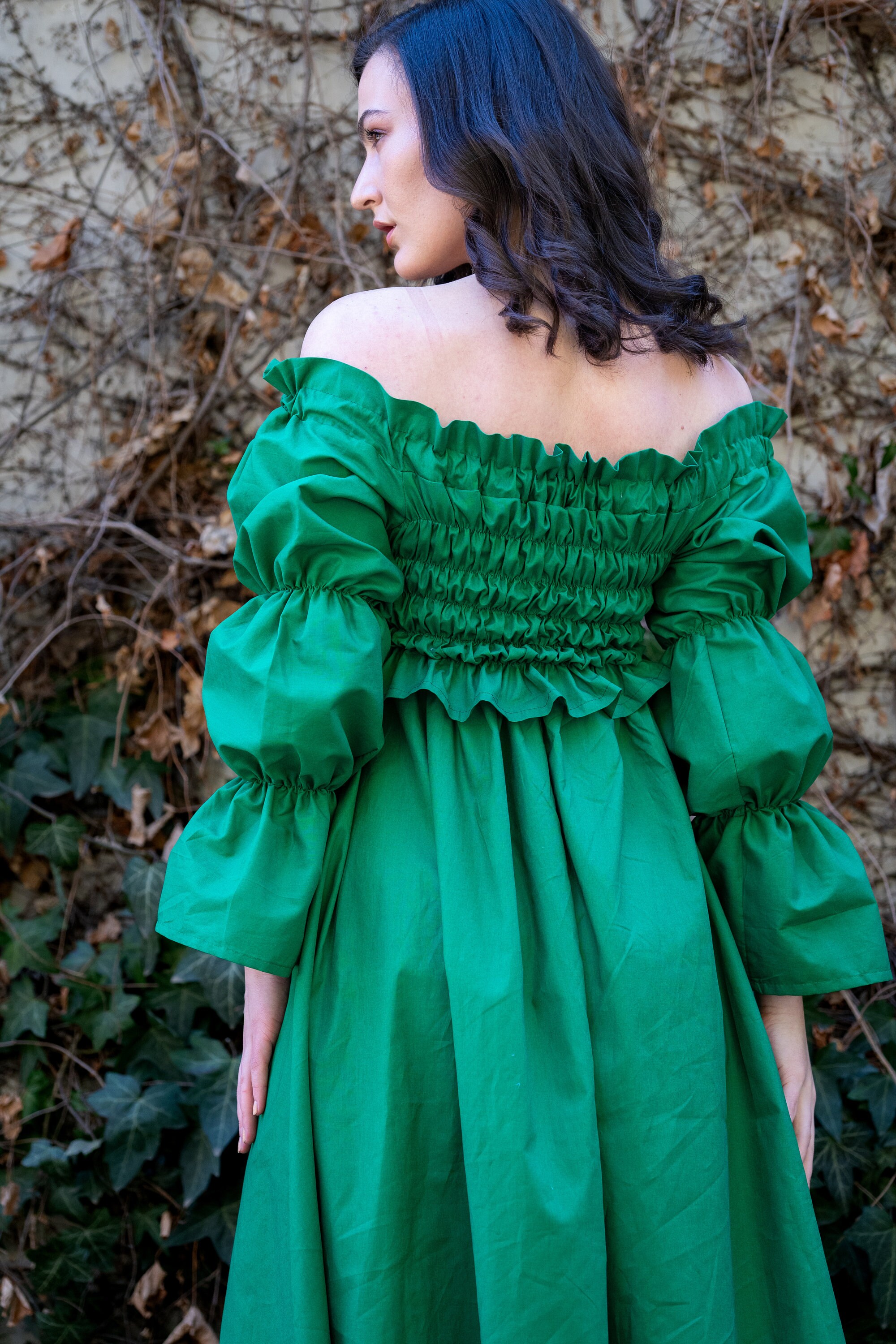 Emerald Green Organic Cotton Cottage Core Dress With Ruched Long ...