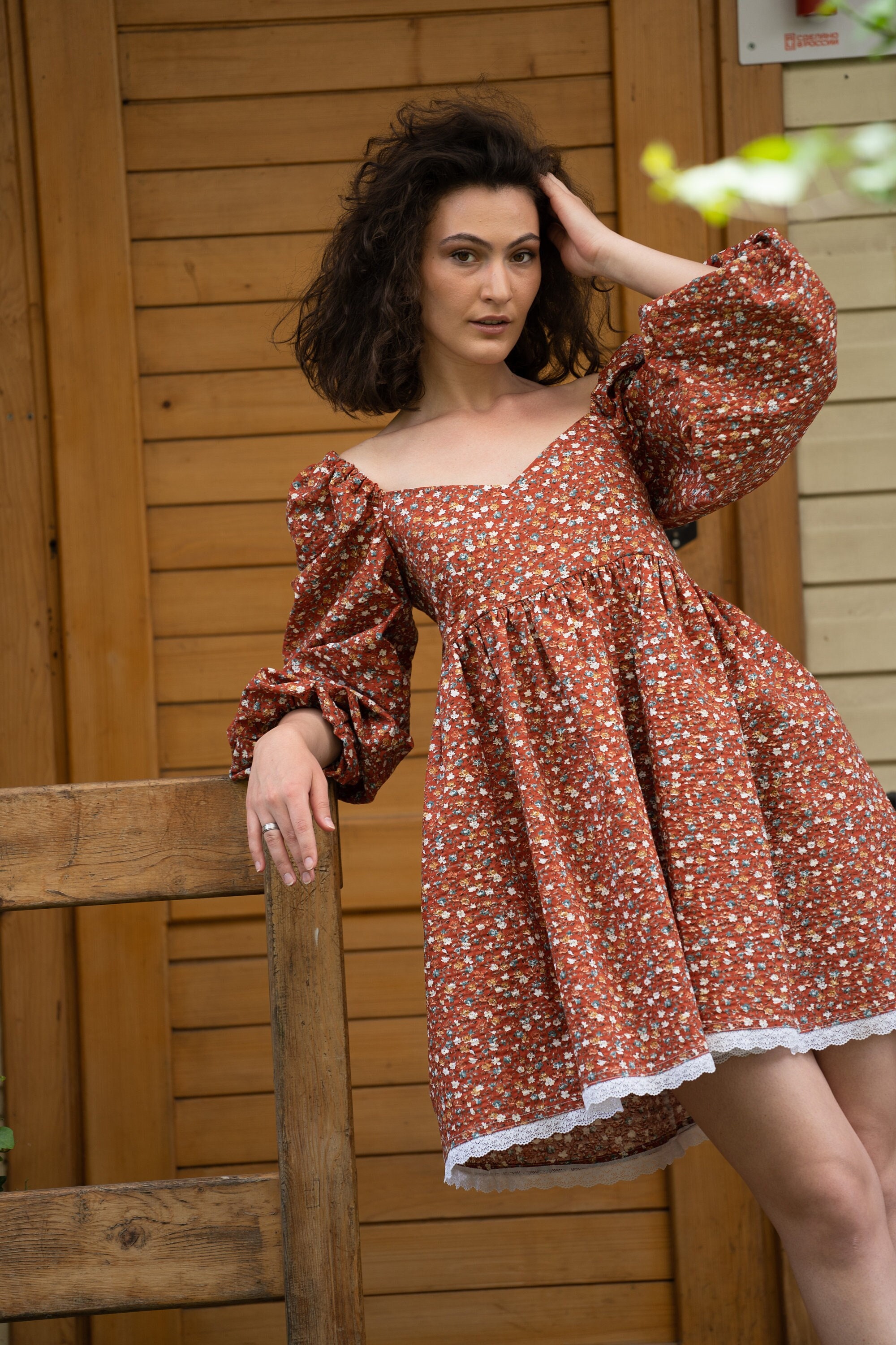 Organic Crinkled Cotton Dress With Puff Sleeves and Vintage Lace Trim ...