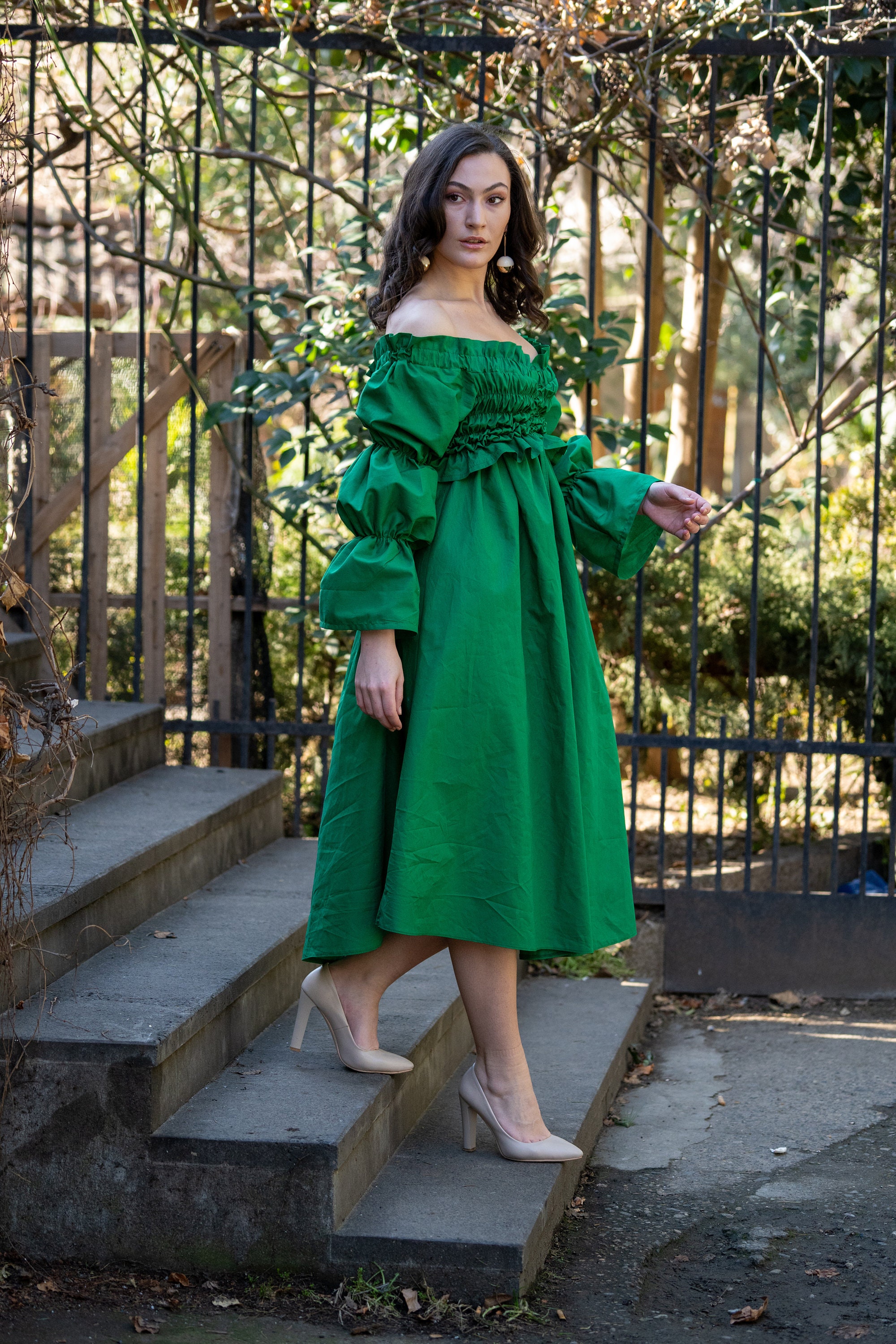 Emerald Green Organic Cotton Cottage Core Dress With Ruched Long ...