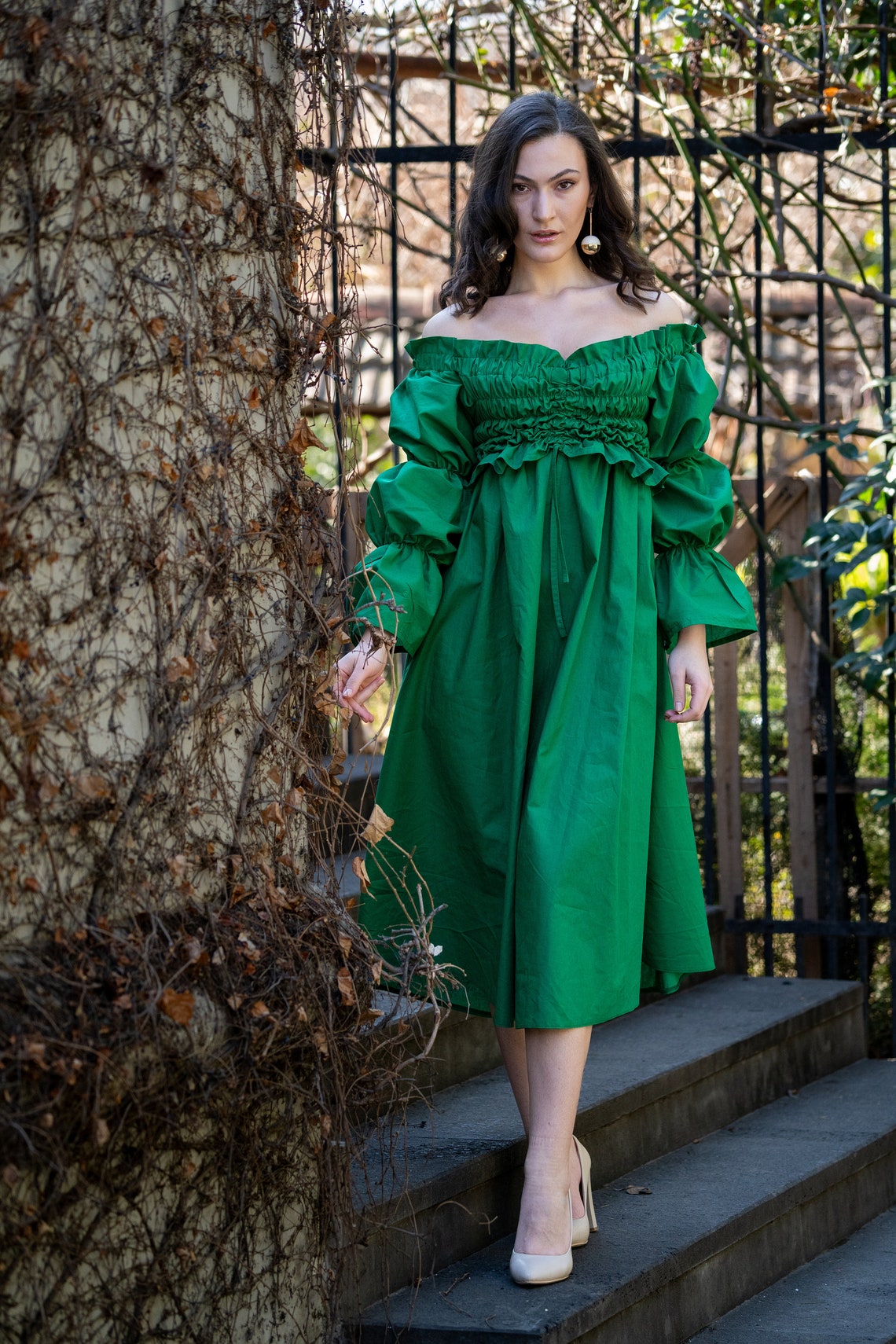 Emerald Green Organic Cotton Cottage Core Dress With Ruched Long ...