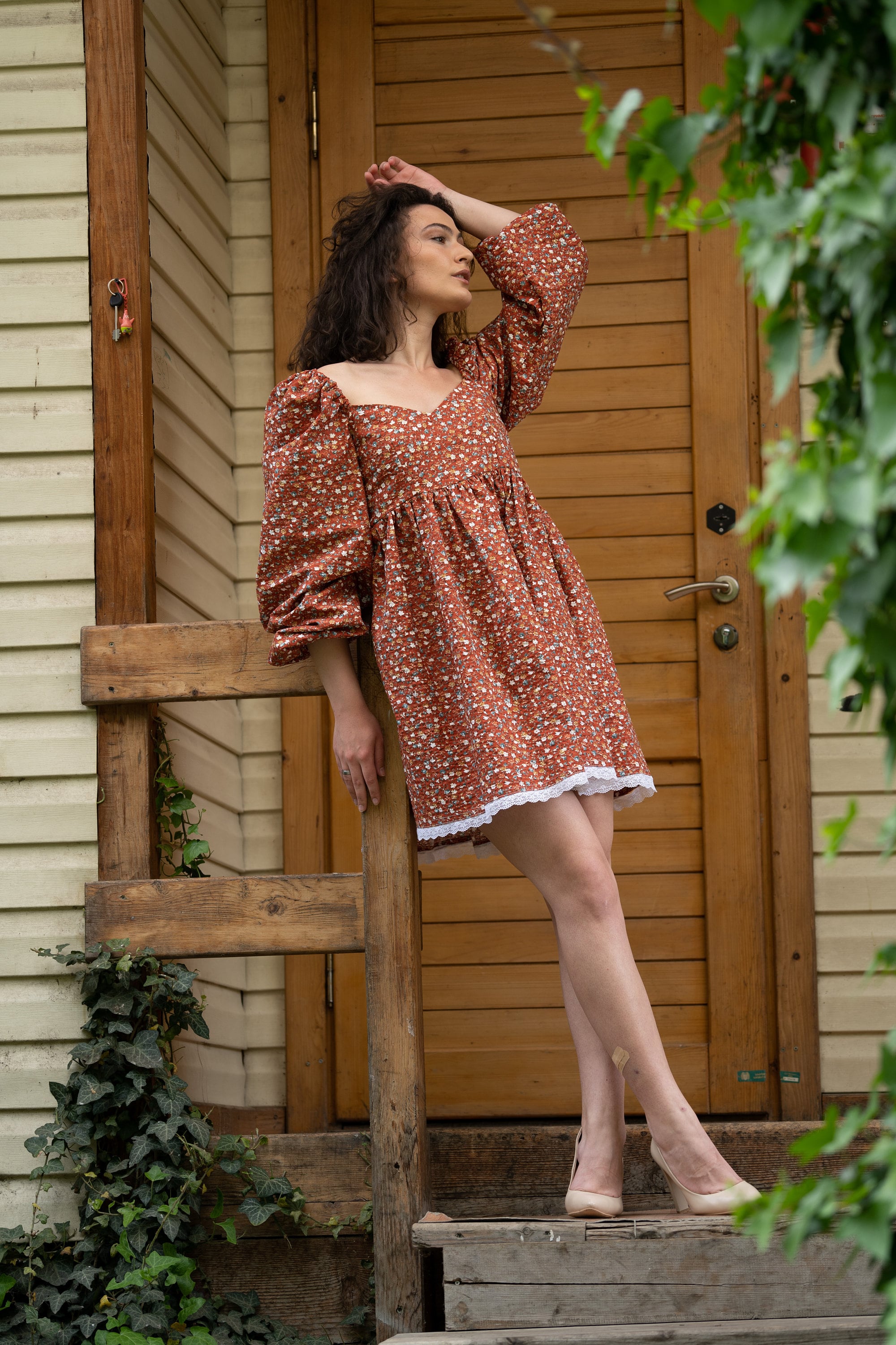 Organic Crinkled Cotton Dress With Puff Sleeves and Vintage Lace Trim ...