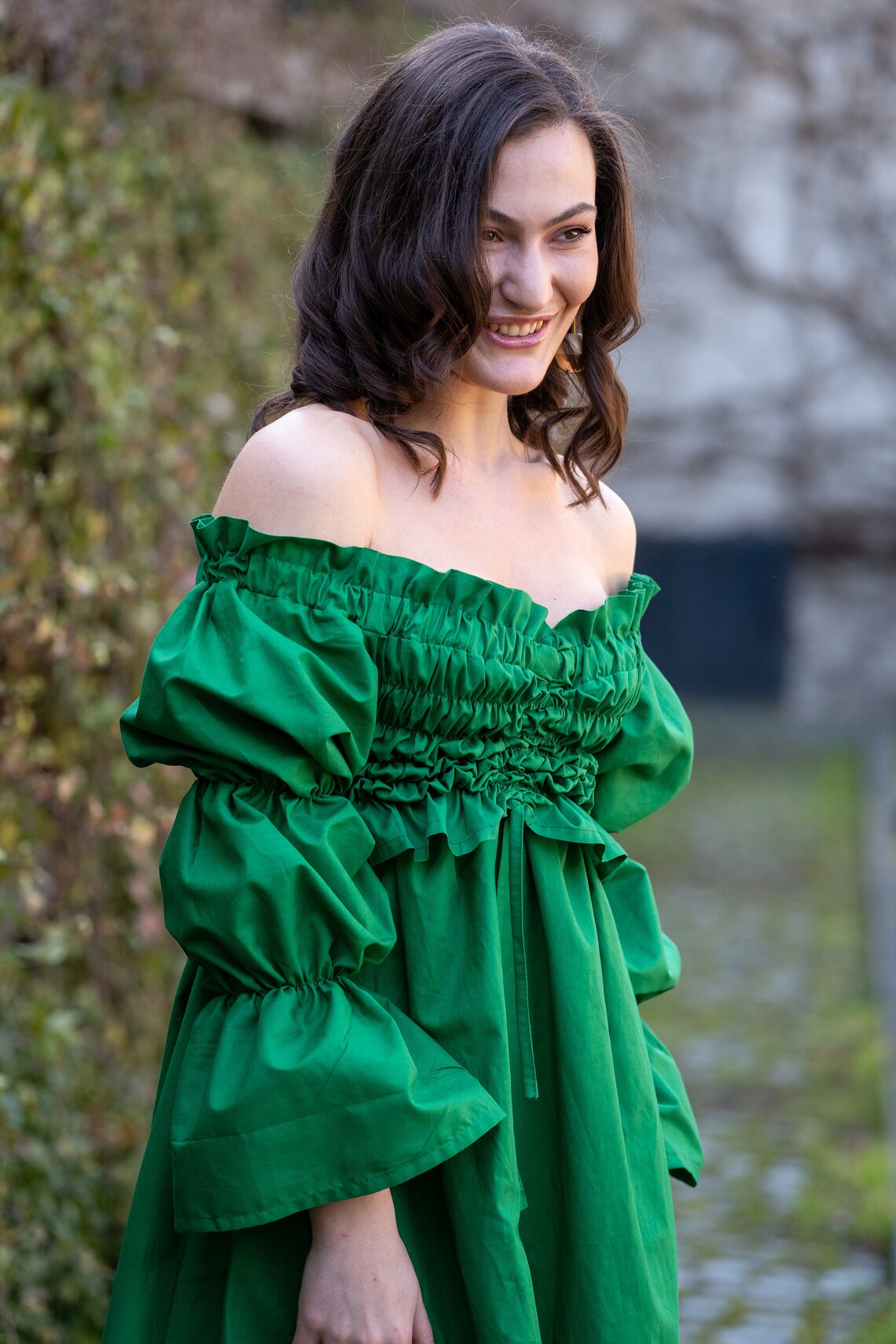 Emerald Green Organic Cotton Cottage Core Dress With Ruched Long ...