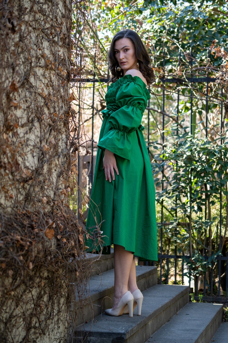 Emerald Green Organic Cotton Cottage Core Dress With Ruched Long ...