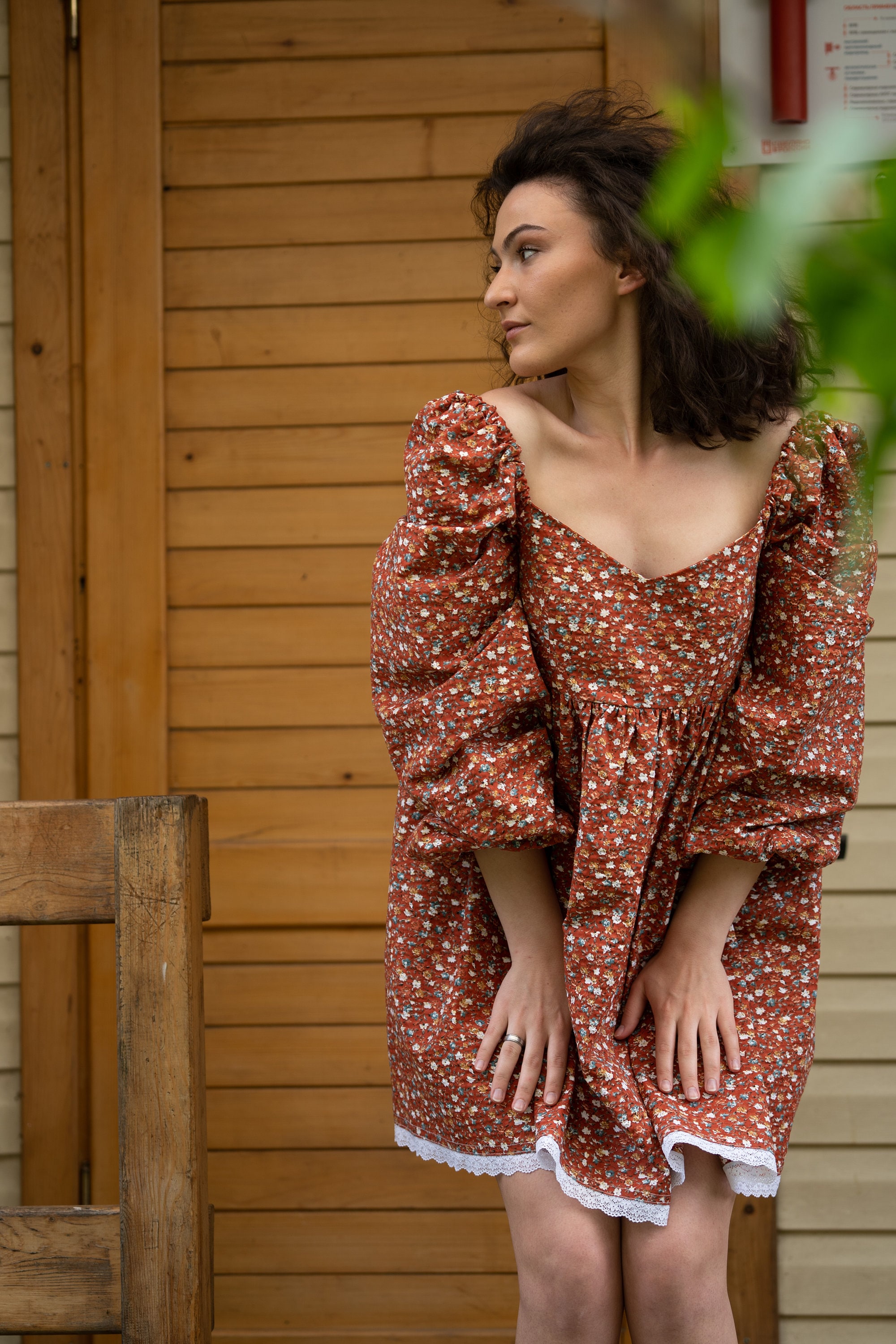 Organic Crinkled Cotton Dress With Puff Sleeves and Vintage Lace Trim ...