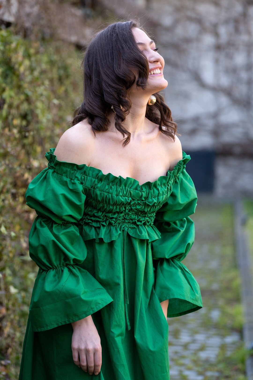 Emerald Green Organic Cotton Cottage Core Dress With Ruched Long ...