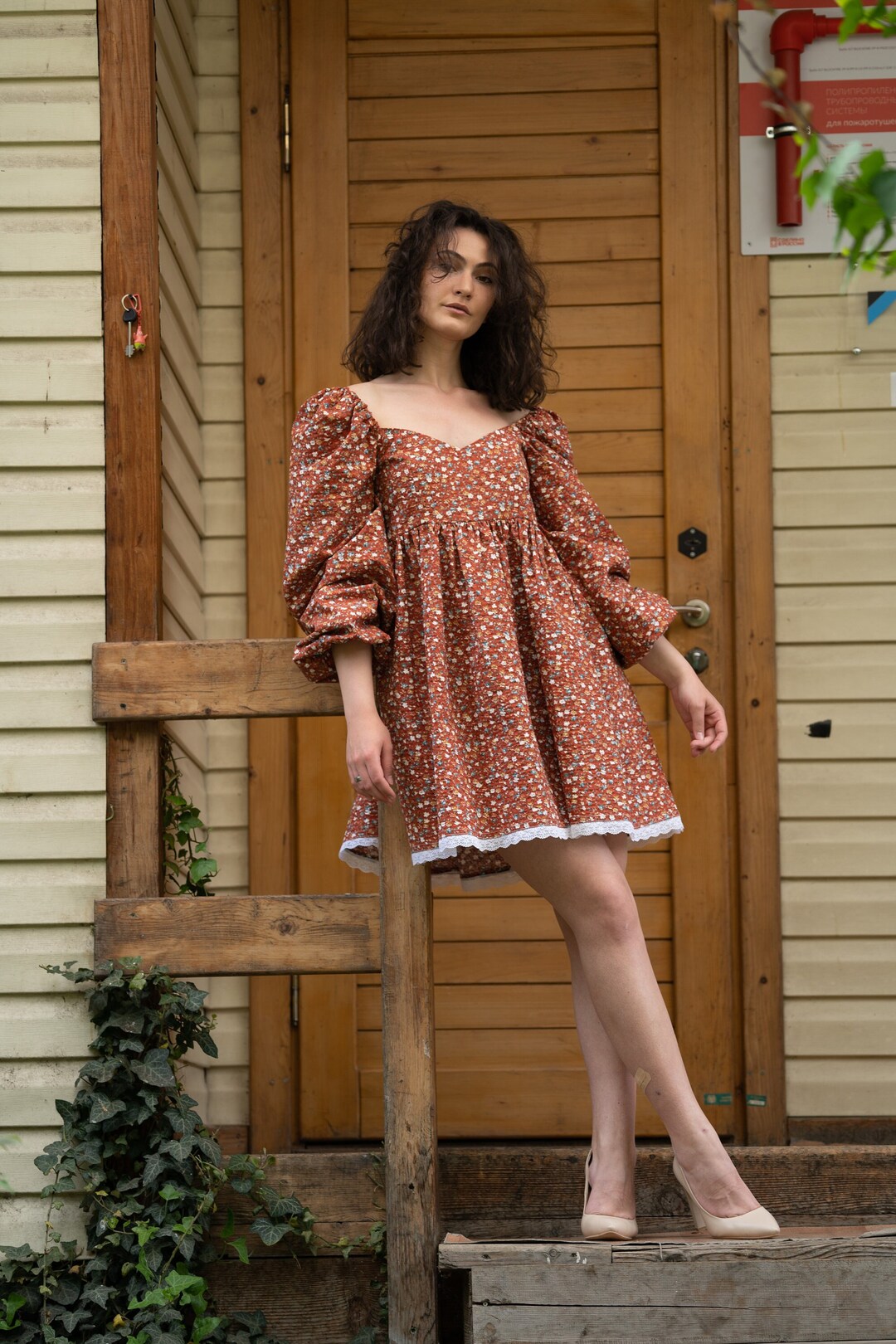 Organic Crinkled Cotton Dress With Puff Sleeves and Vintage Lace Trim ...