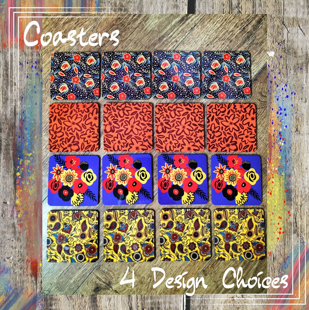 4 Piece Bold Floral Print Wood Coasters, Colourful Coasters, Colour ...
