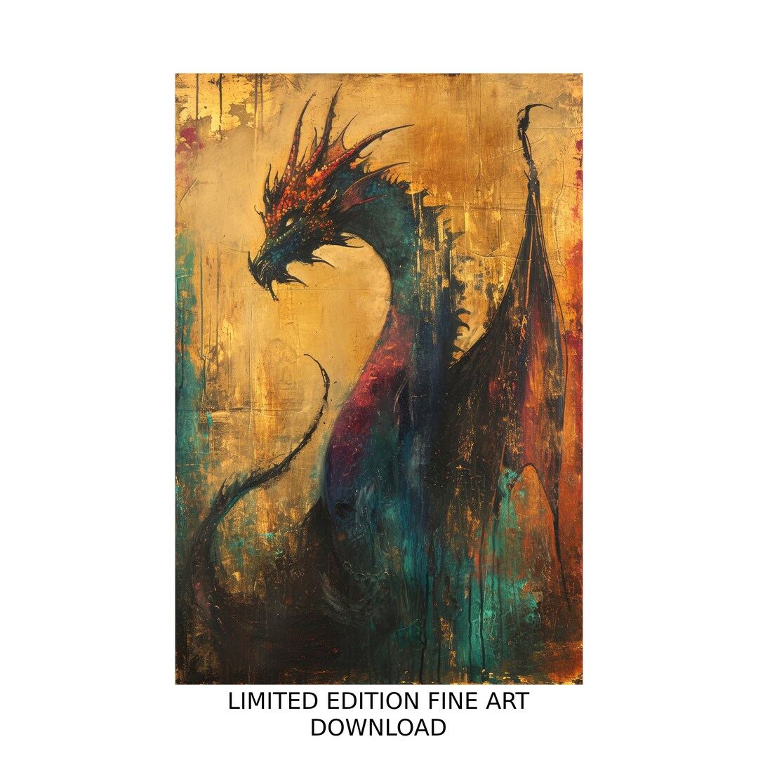 Mythical Gilded Dragon Portrait Fine Art Print Modern Gold Leafed ...