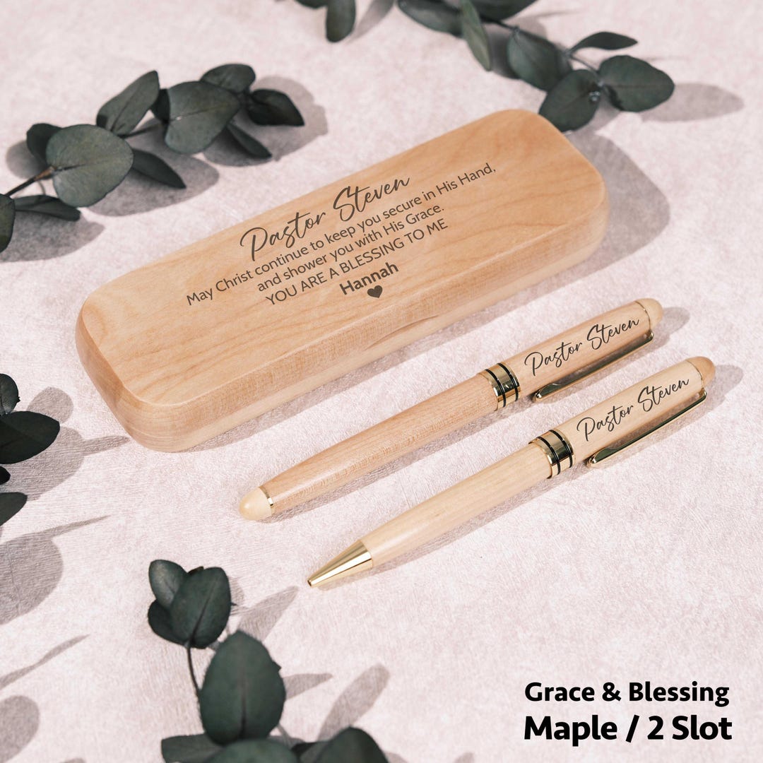 Personalized Maple Wood Pen Box Set, Engraved Pastor Appreciation Gift ...