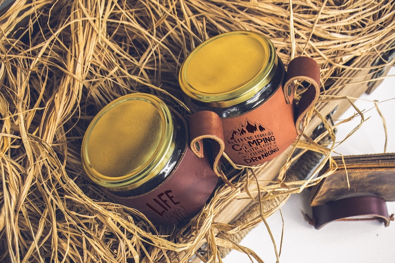 Personalized Leather Mug, Custom Leather Mason Jar Sleeve With Handle ...