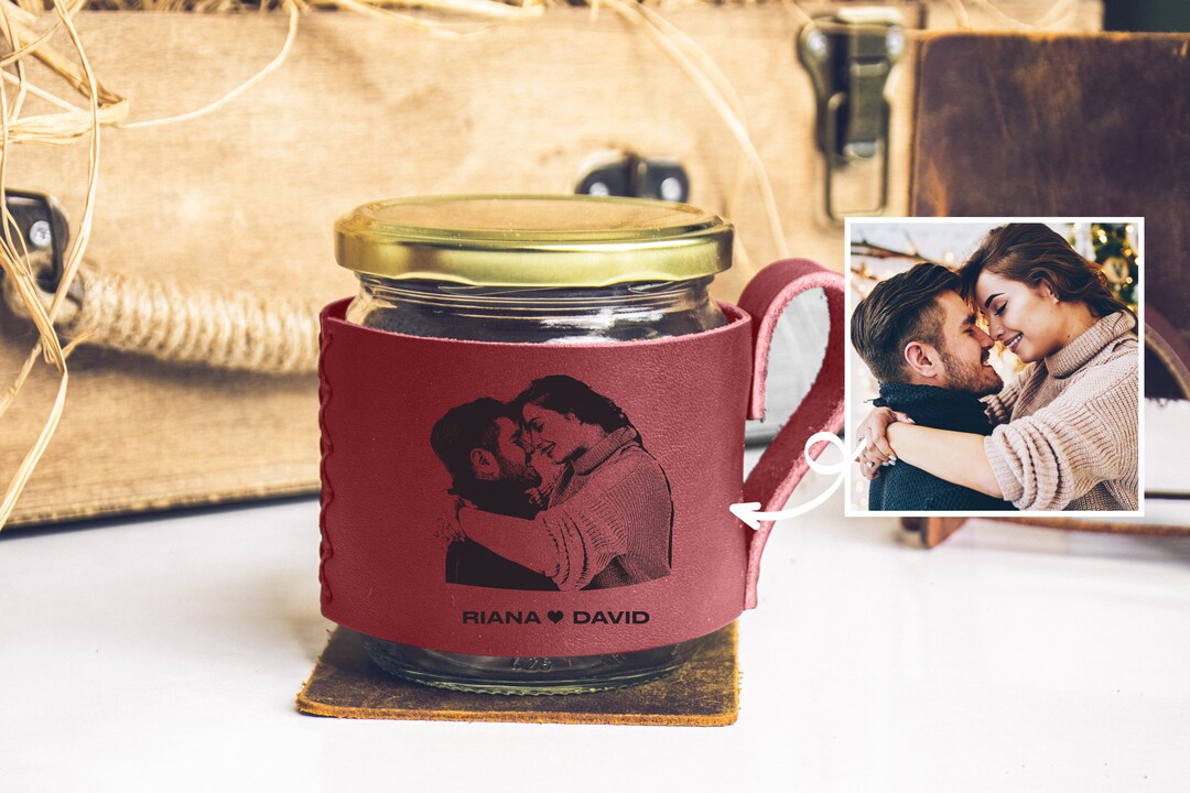 Personalized Leather Jar Mug, Custom Picture Jar Sleeve, Leather Mug ...
