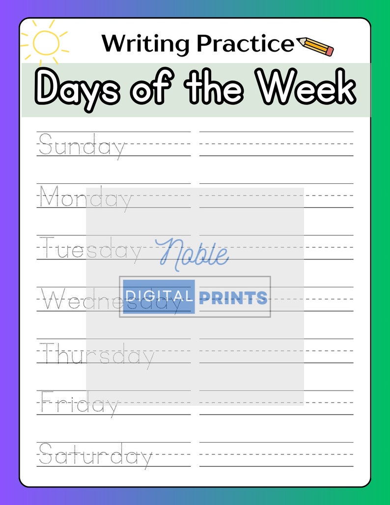 Writing Practice - Elementary Grades 1st - 5th - Days of the Week ...