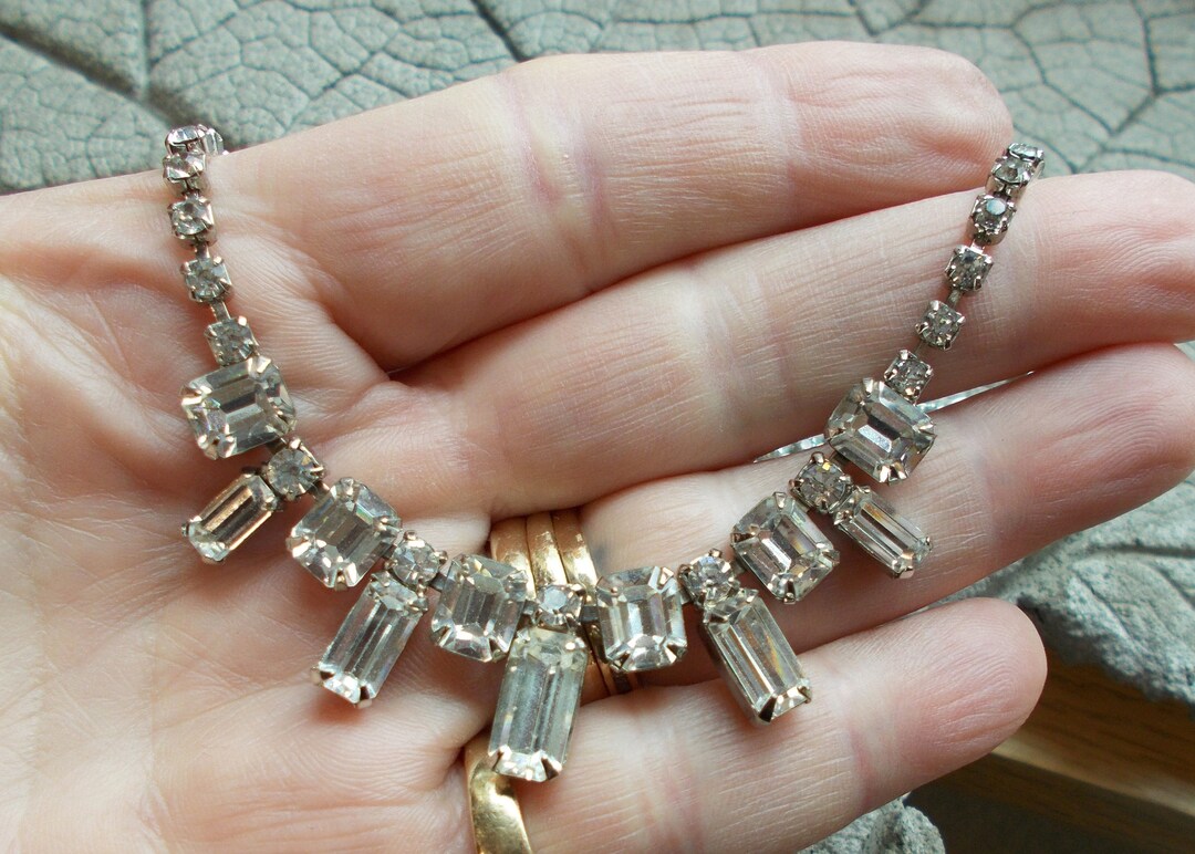 Vintage WEISS Costume Jewelry, Clear Rhinestone Necklace, Emerald Cut ...