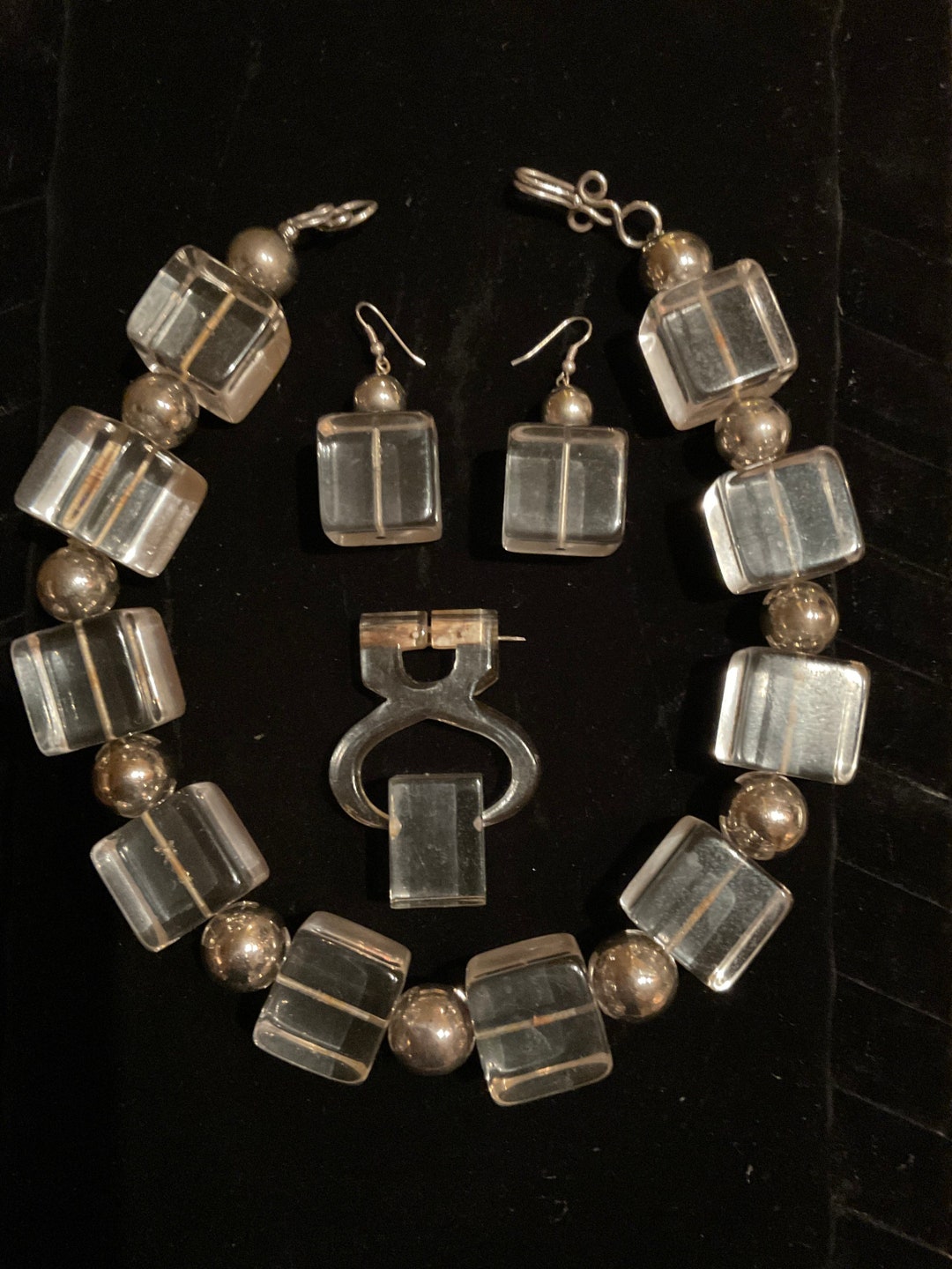 Vintage Lucite and Sterling Necklace Suite, 1960 Mod Lucite Necklace ...
