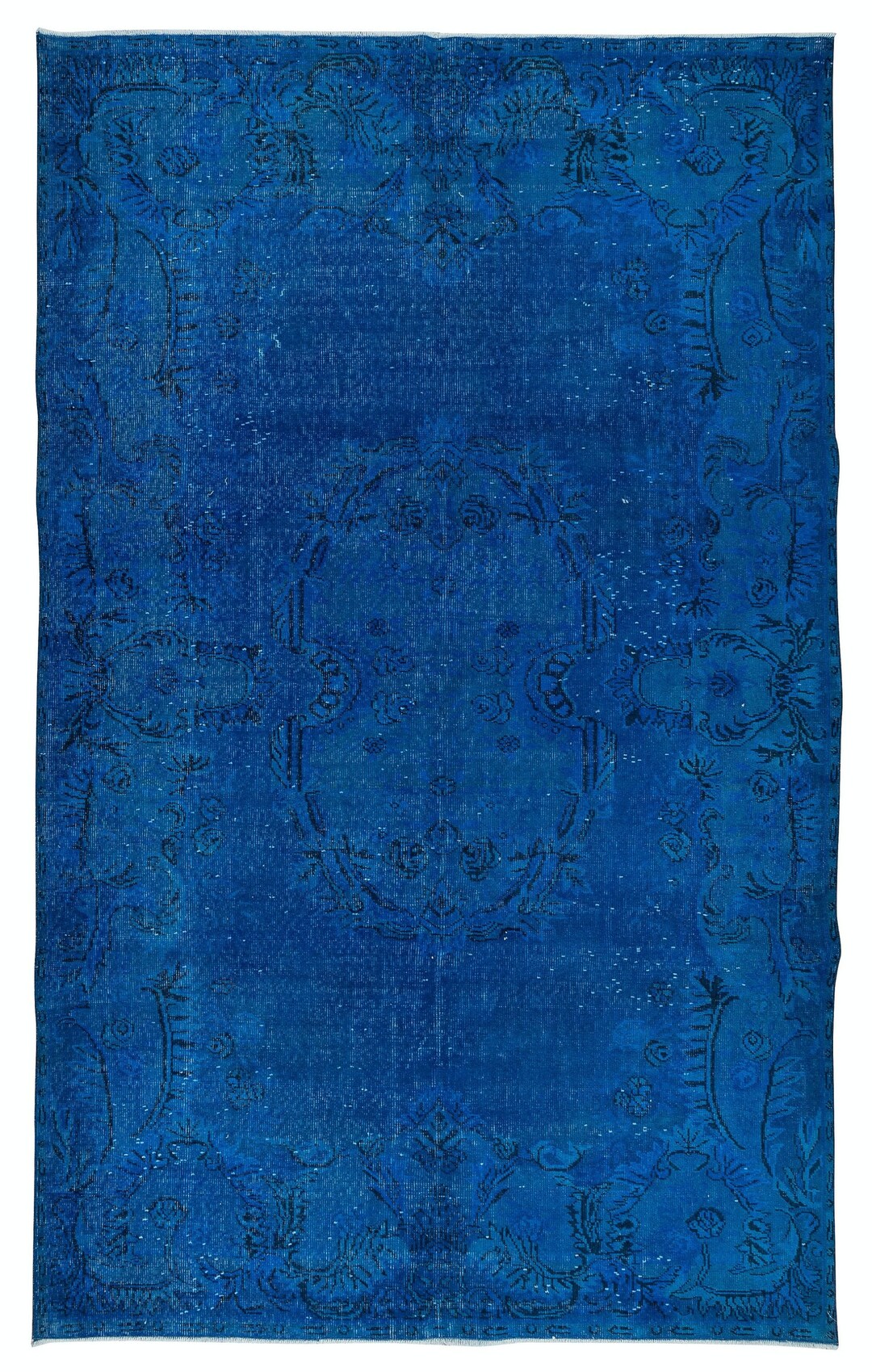 French Aubusson Inspired Indigo Blue Area Rug, Handmade Turkish Carpet ...