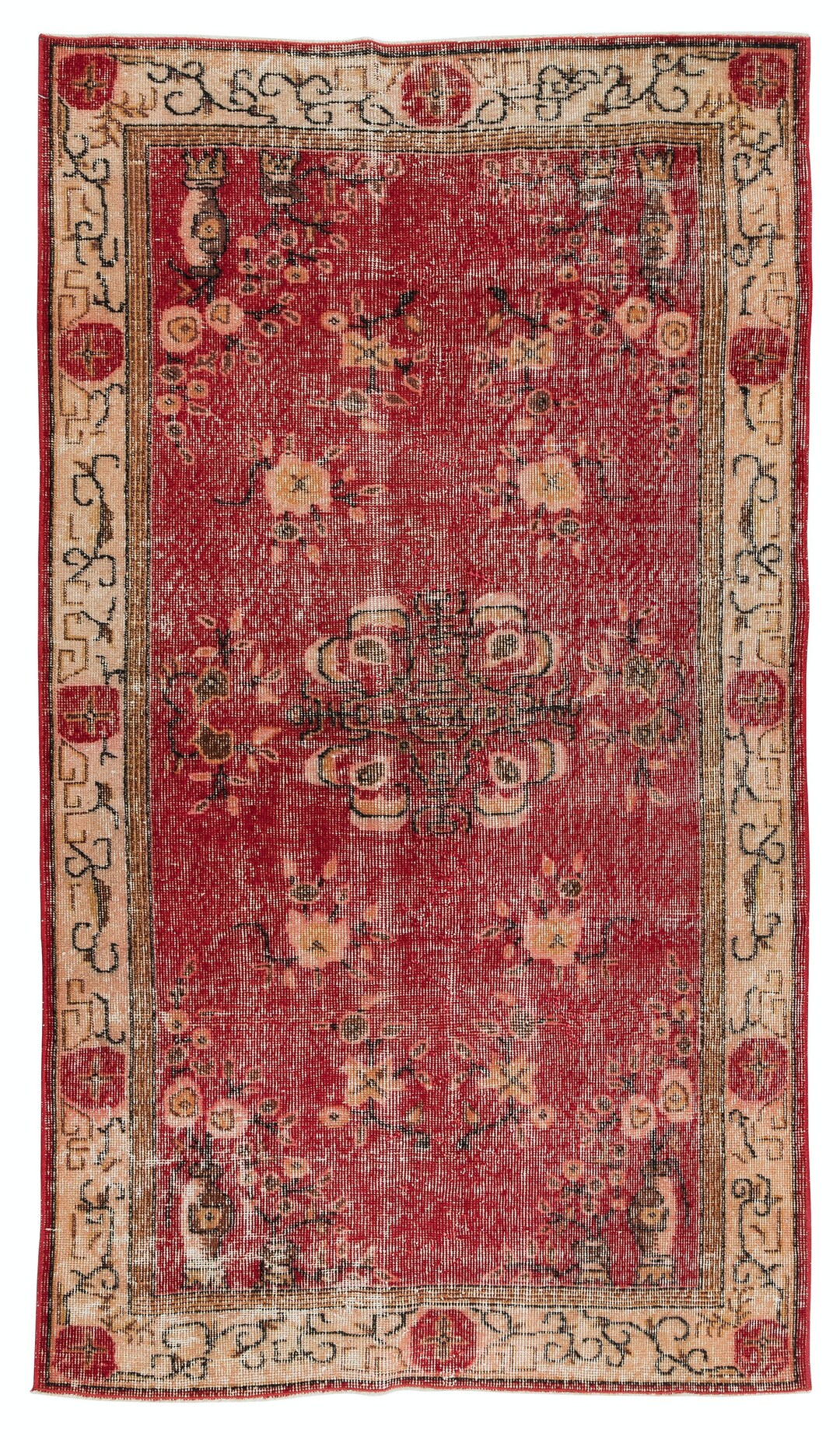 Vintage Handmade Art Deco Chinese Design Accent Rug in Red & Beige. 3 ...
