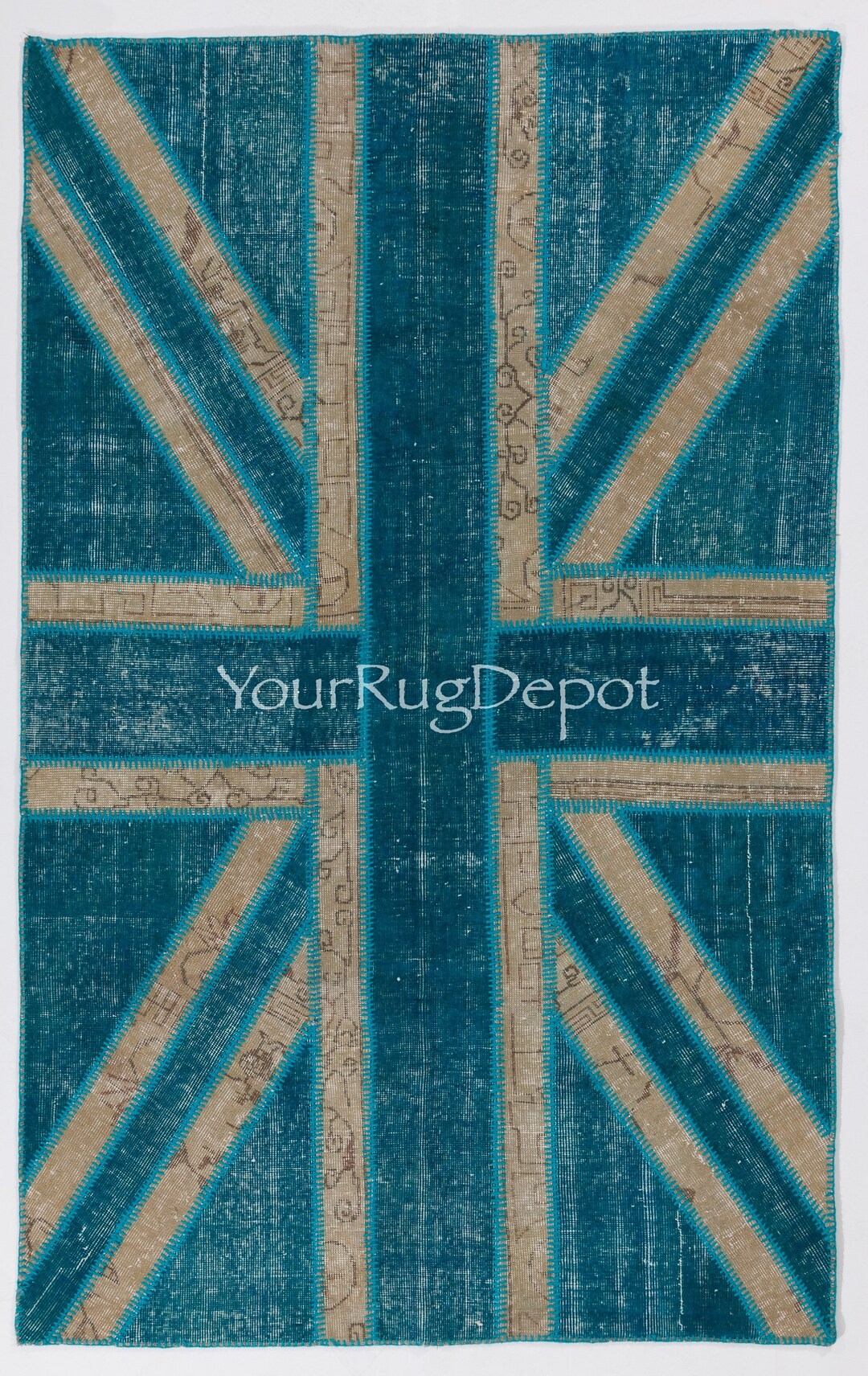 Union Jack British Flag Design Rug. Handmade Patchwork Carpet in Teal ...