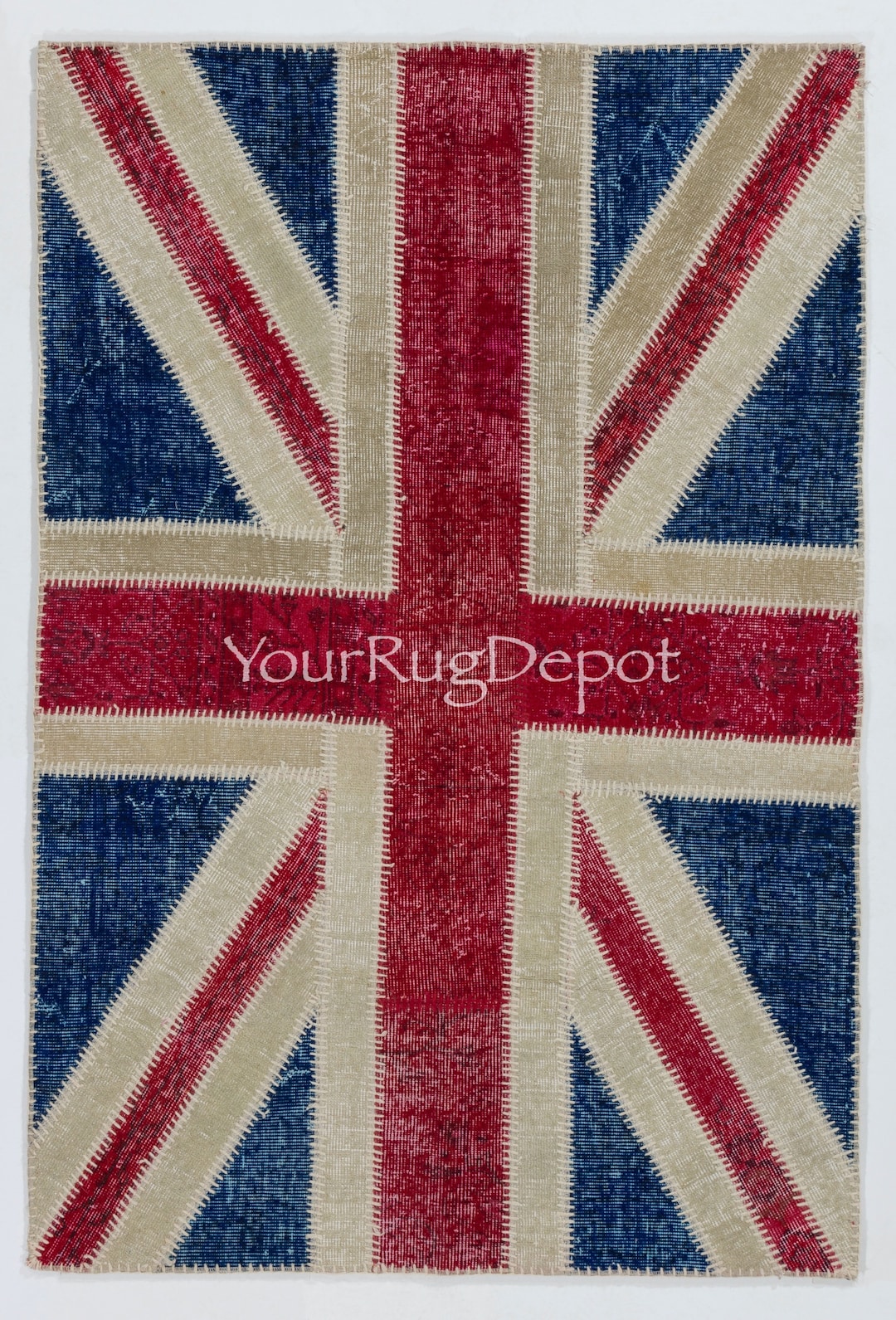 Union Jack British Flag Design Hand-knotted Patchwork Rug in Blue, Red ...