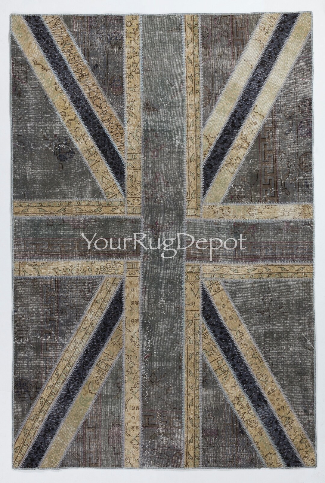 Union Jack British Flag Design Handmade Patchwork Rug in Gray, Black ...