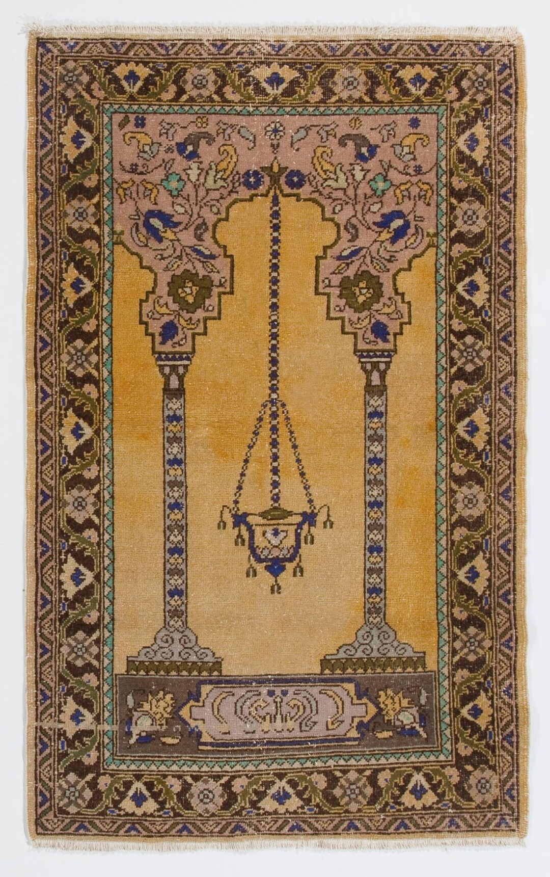 Vintage Handmade Prayer Rug Depicting a Chandelier, Couple of Columns ...