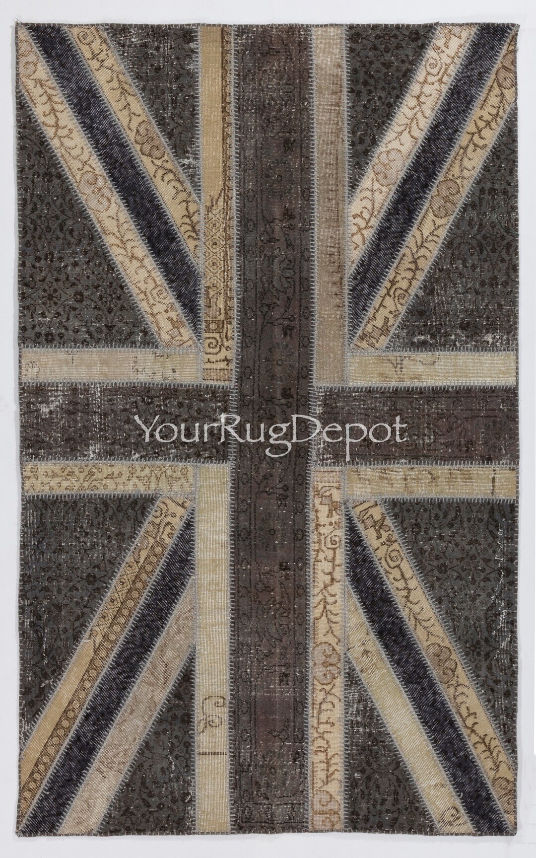 Union Jack British Flag Design Patchwork Handmade Rug in Gray, Black ...