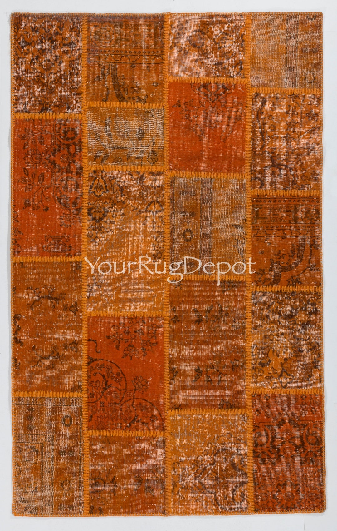 Contemporary Orange Color Patchwork Rug. Handmade From Re-dyed Vintage ...