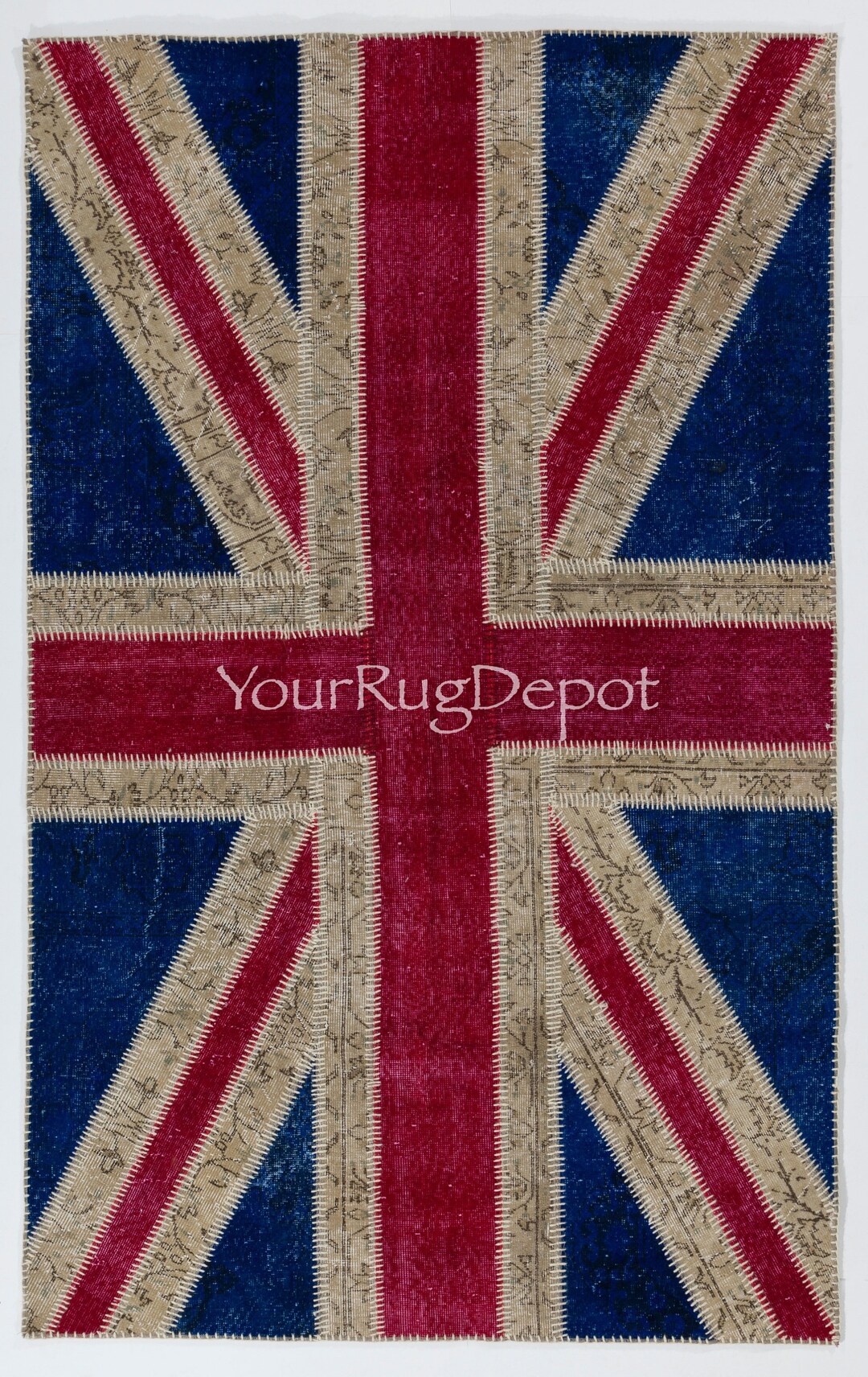 Union Jack British Flag Design Hand-knotted Patchwork Rug in Blue, Red ...