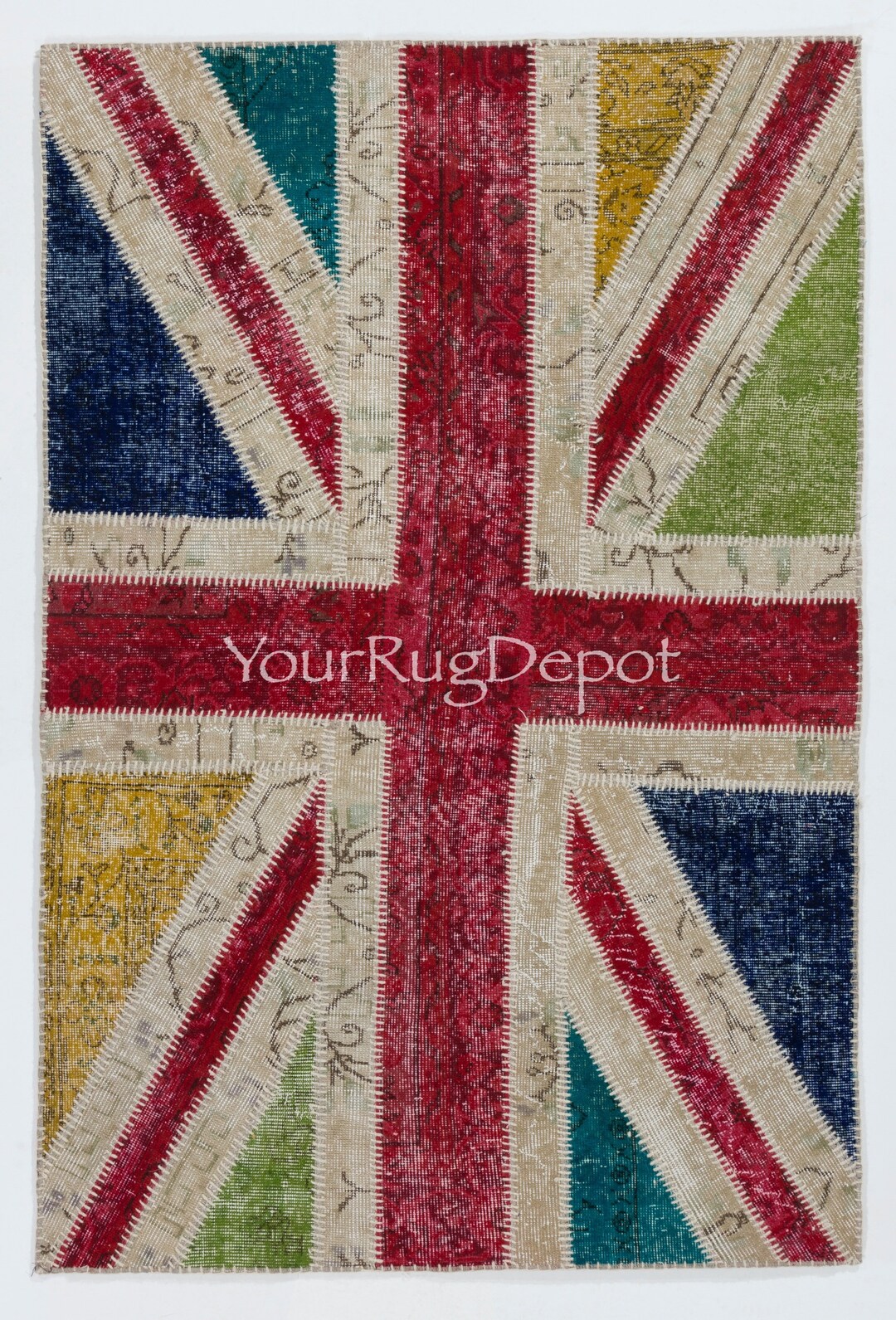 Colorful Union Jack British Flag Design Patchwork Rug Made From Re-dyed ...